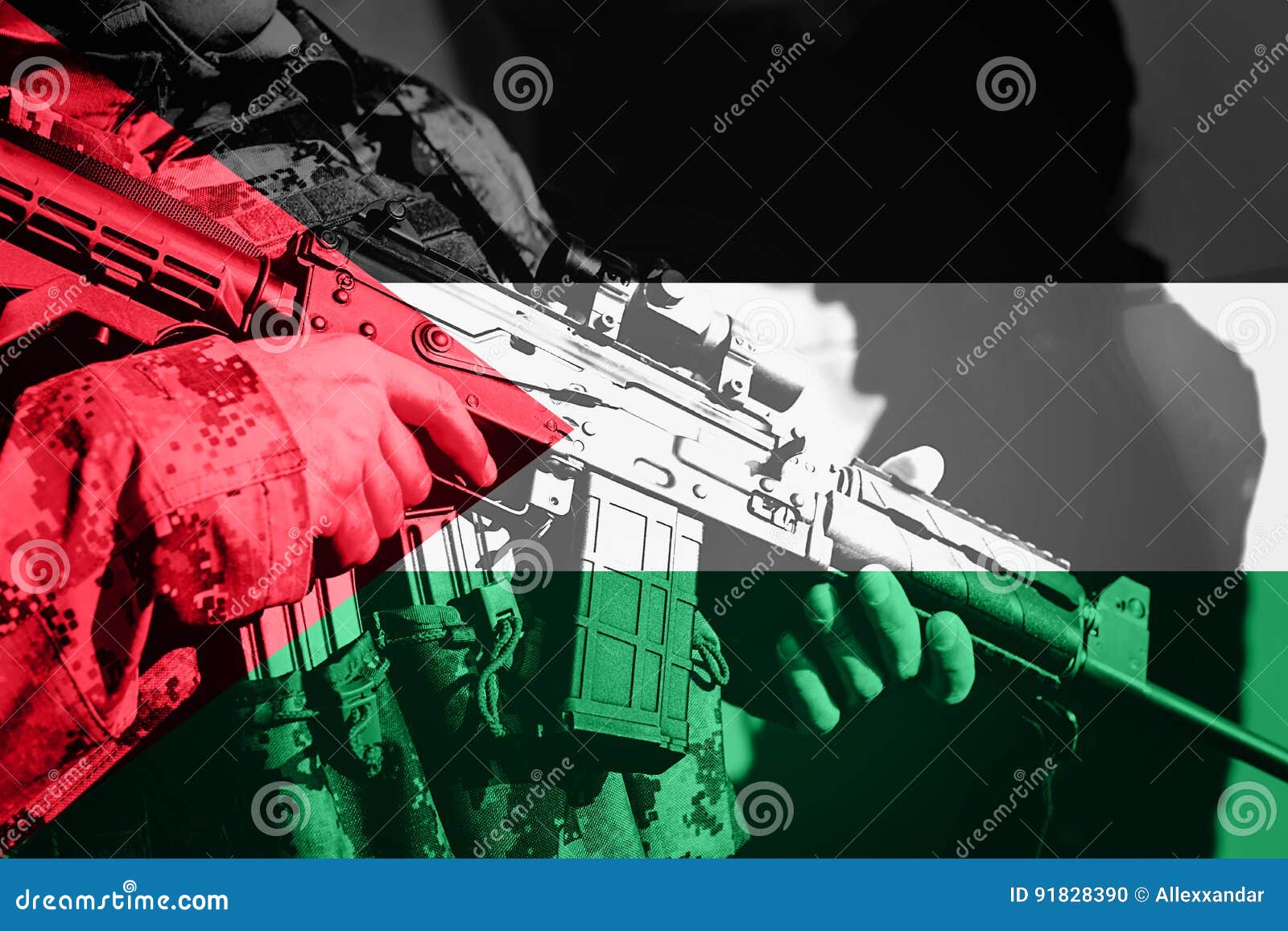 Soldier with Machine Gun with National Flag of Palestine Stock Photo ...