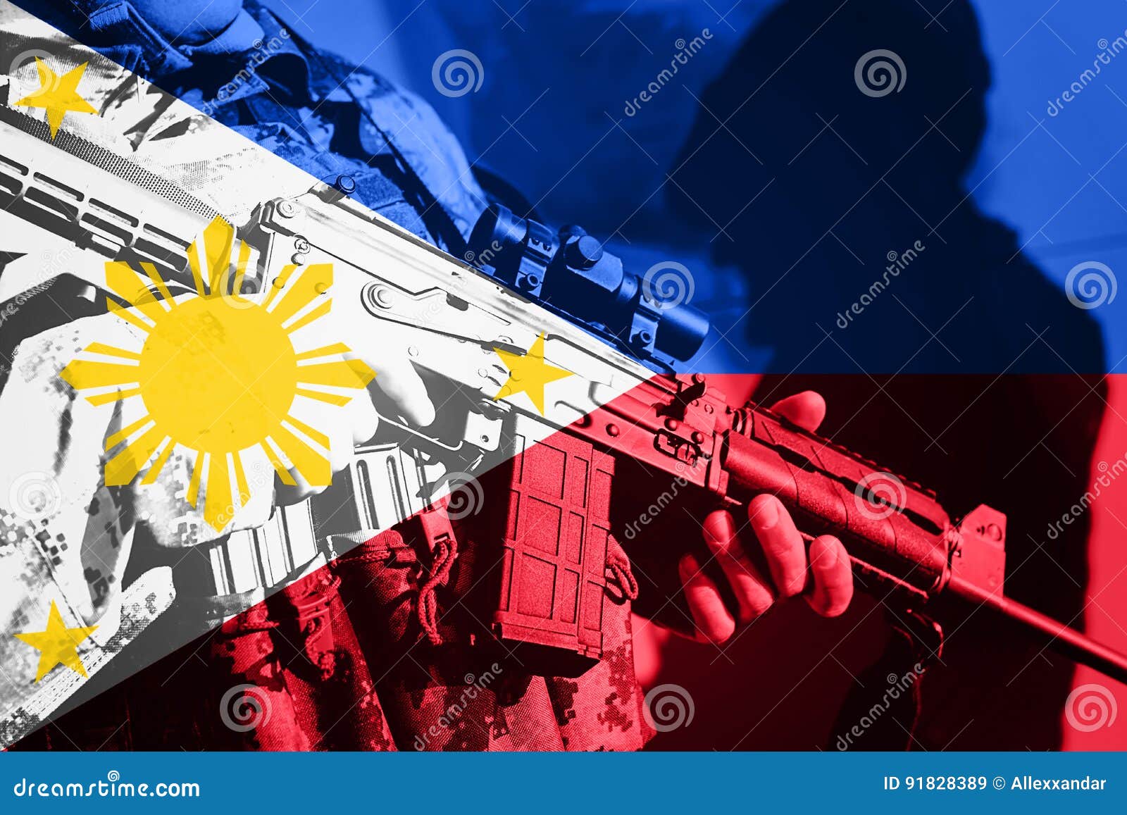 Soldier with Machine Gun with National Flag of Philippines Stock Image ...