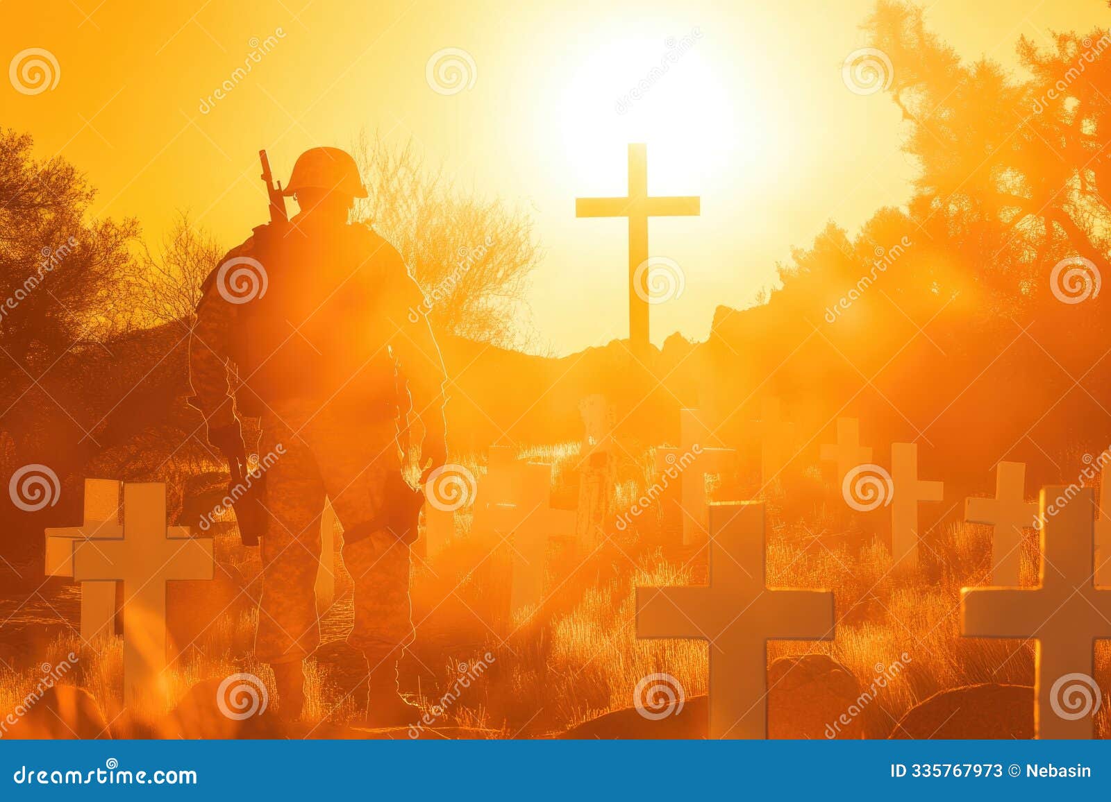 Soldier Reflecting at Peaceful Sunset Cemetery Memorial Stock Image ...