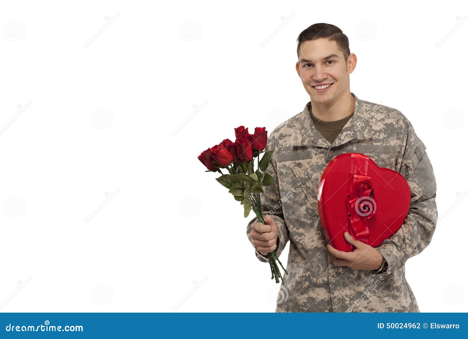 Soldier with Roses and Gift Stock Photo - Image of love, front: 50024962