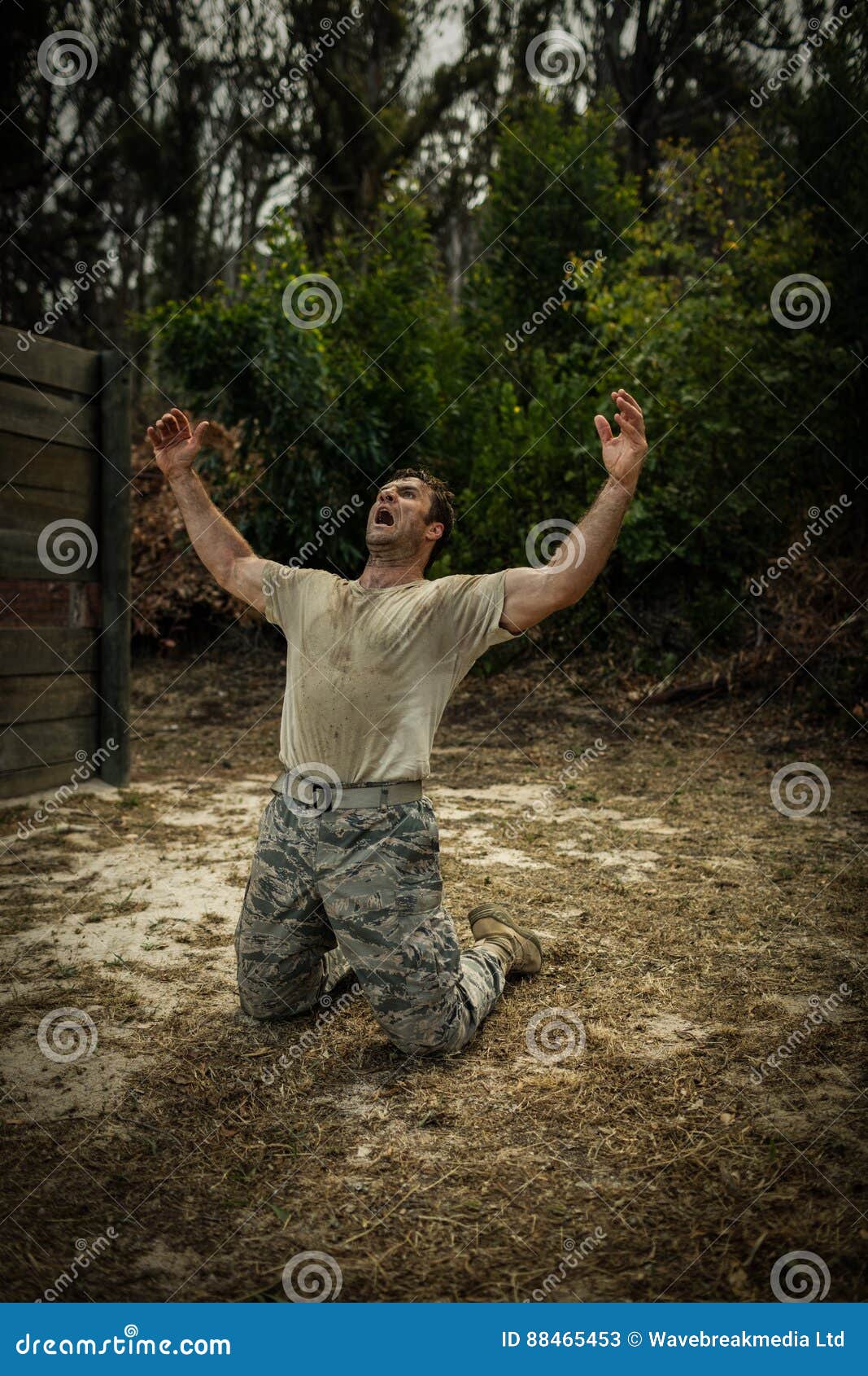 Soldier Screaming with Arms Wide Open Stock Image - Image of dirt ...