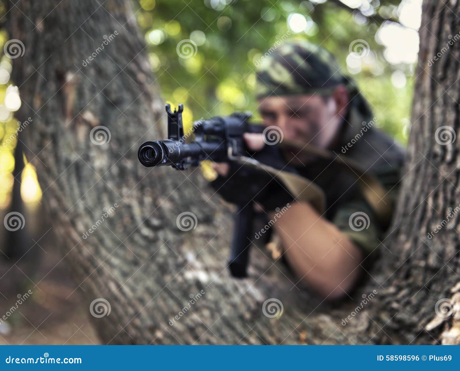 Soldier With Kalashnikov Riffle Machine Gun On Outdoor Shooting Range ...