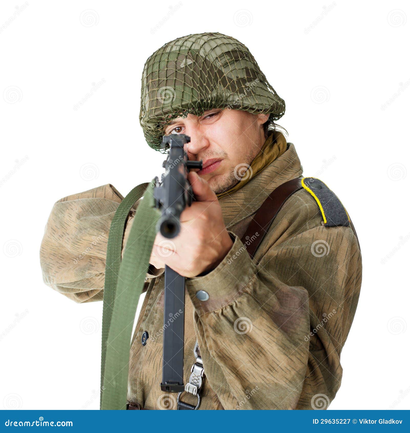 Soldier Shoots Submachine Gun Isolated on White Stock Image - Image of ...