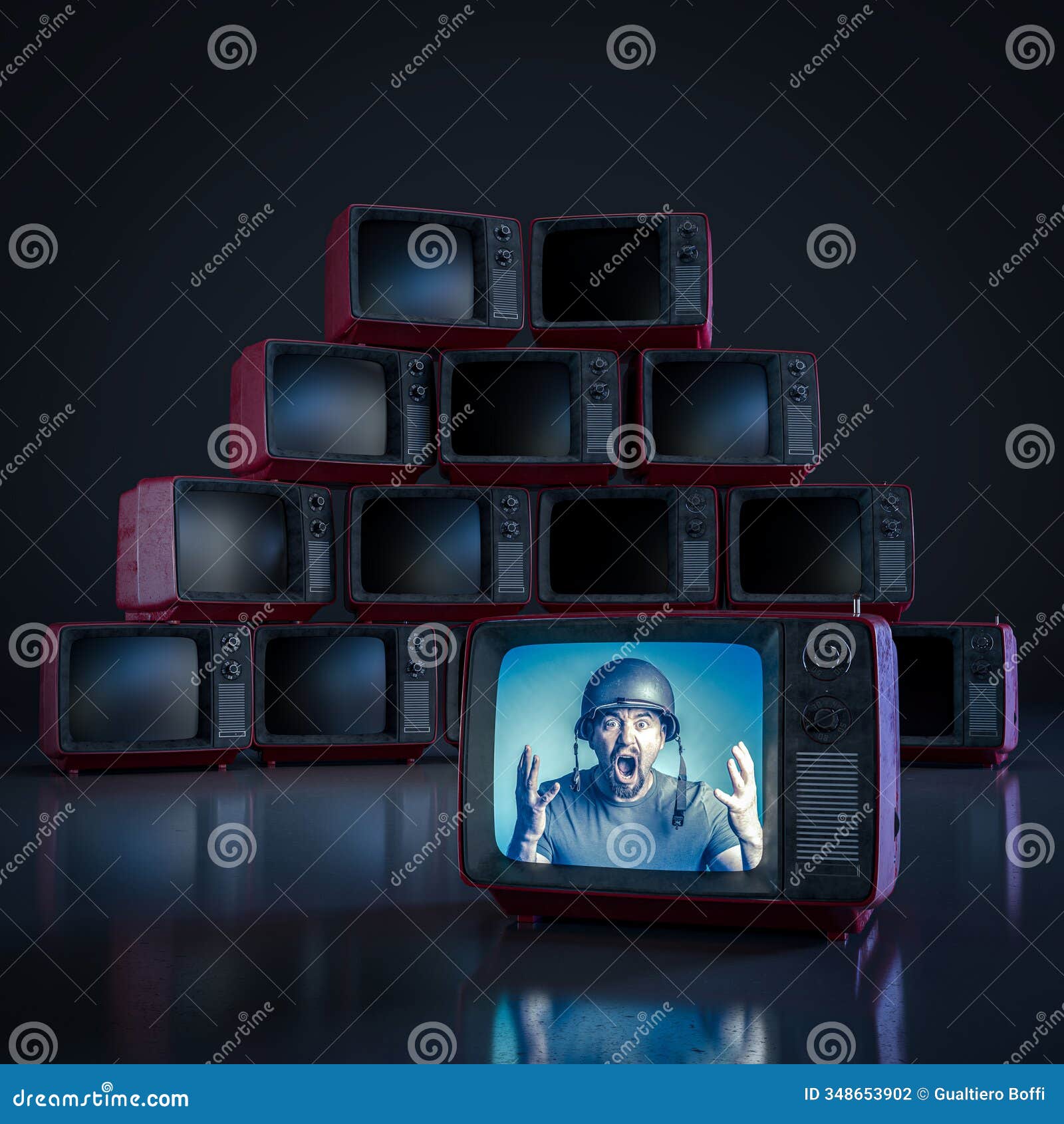 Soldier Shouting on Television Set in Front of Stack of Retro Tvs Stock ...