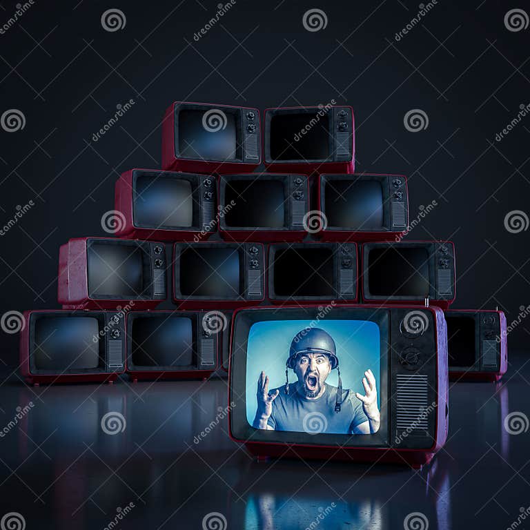 Soldier Shouting on Television Set in Front of Stack of Retro Tvs Stock ...