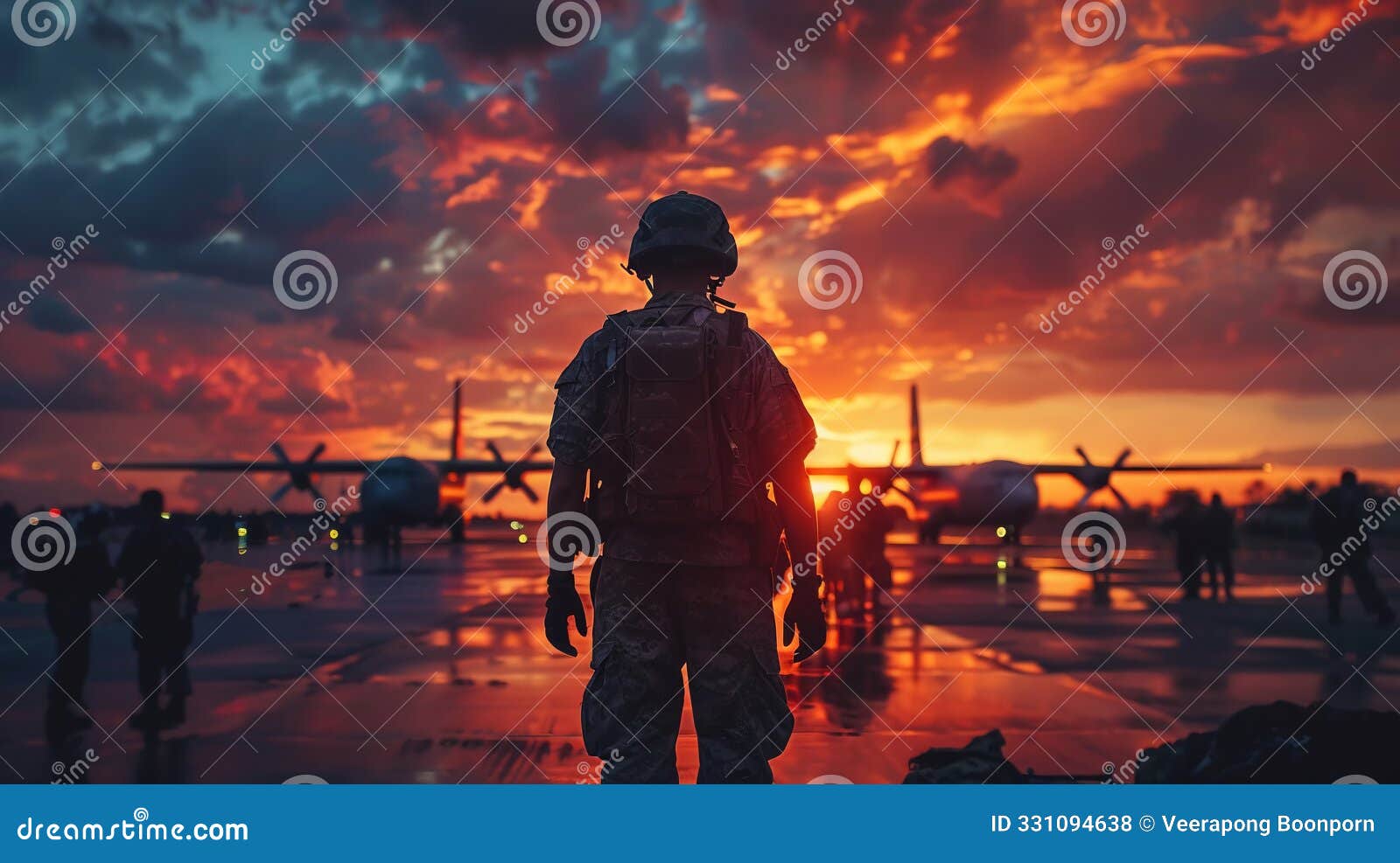 Soldier in Silhouette, Planes and People Backdrop, Sunset Clouds ...