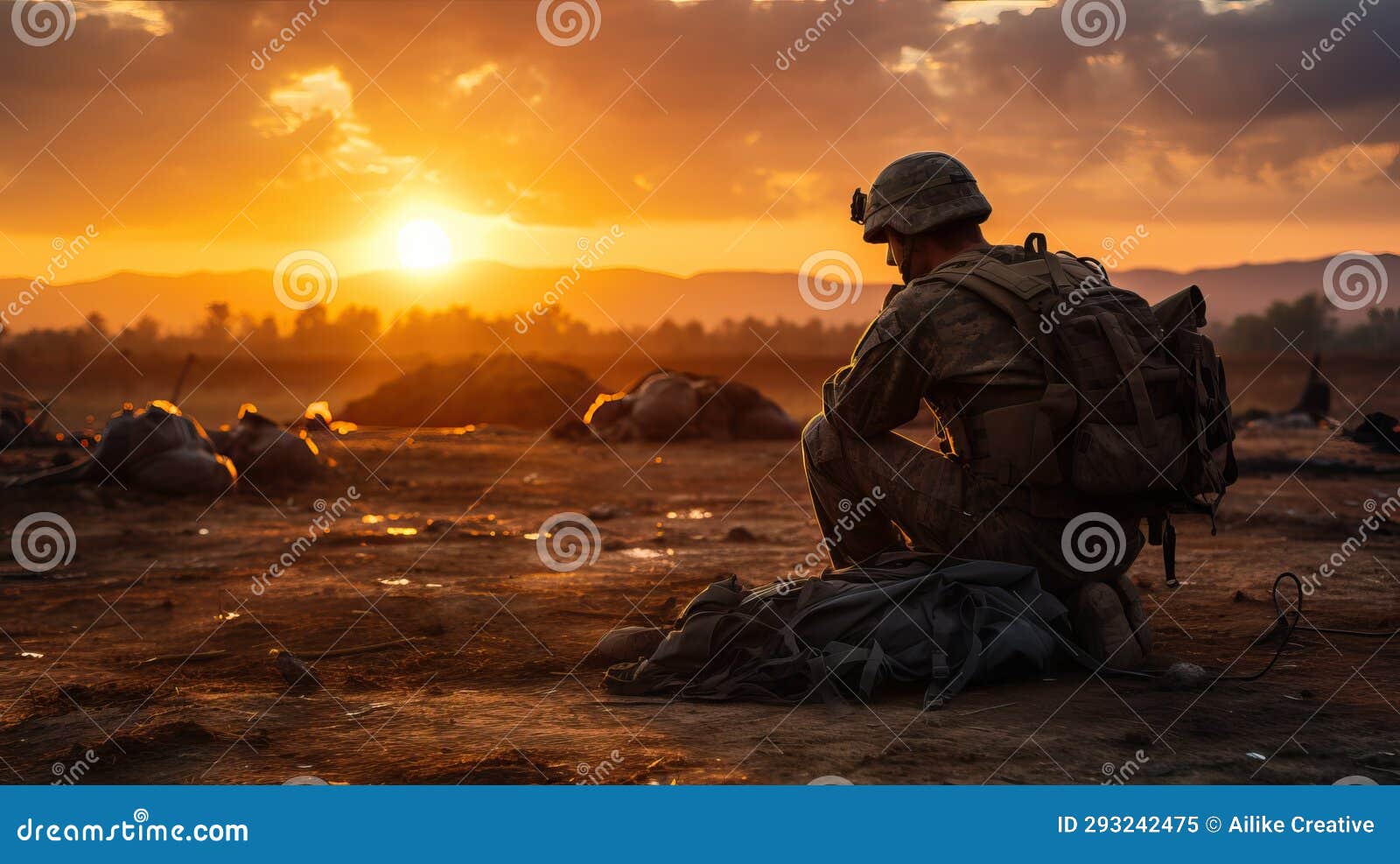 Soldier Sitting On The Floor Surrounded With Dence Fog Or Smoke, PTSD ...