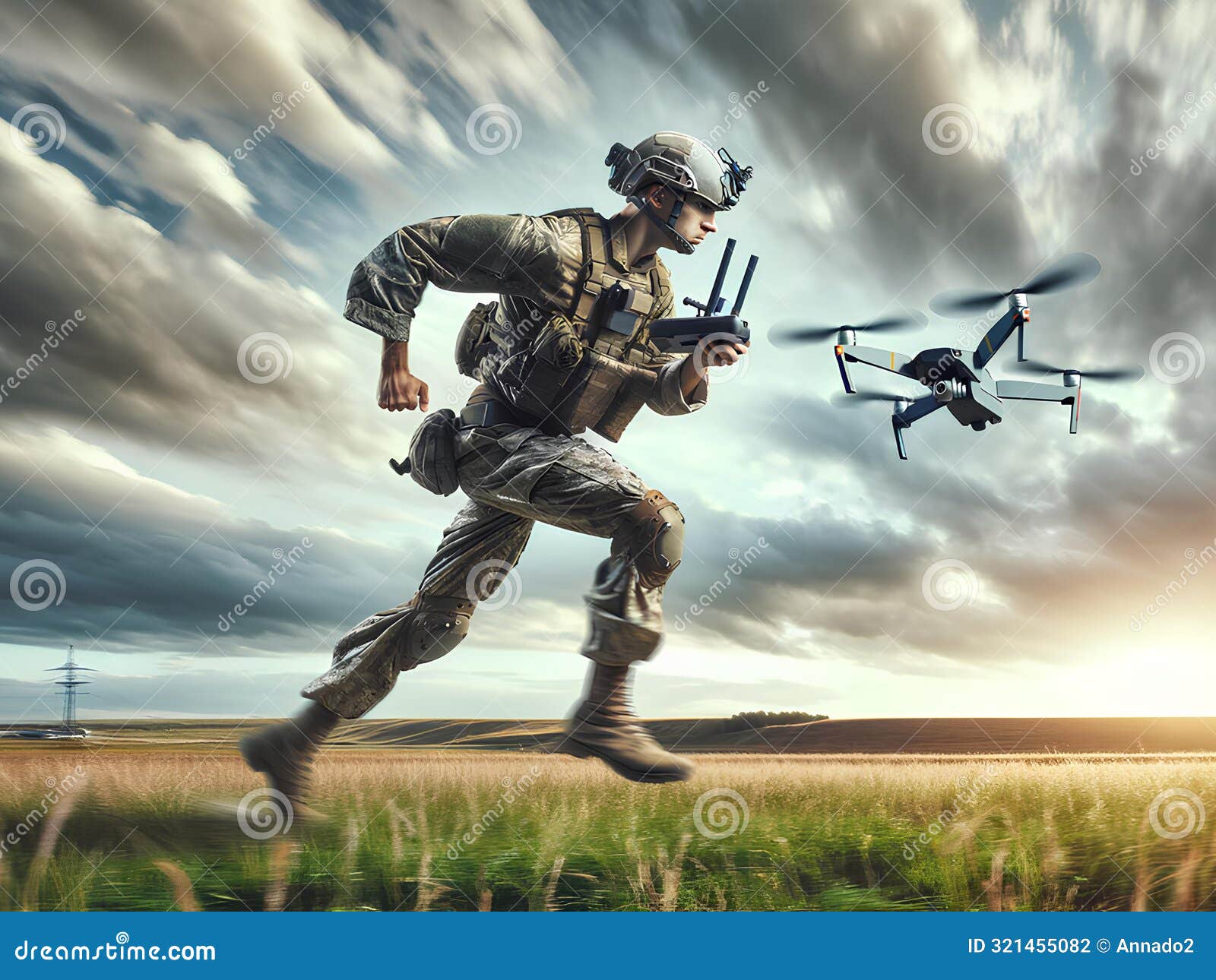 A Soldier Sprinting Across an Open Field, Operating a Drone Via a ...