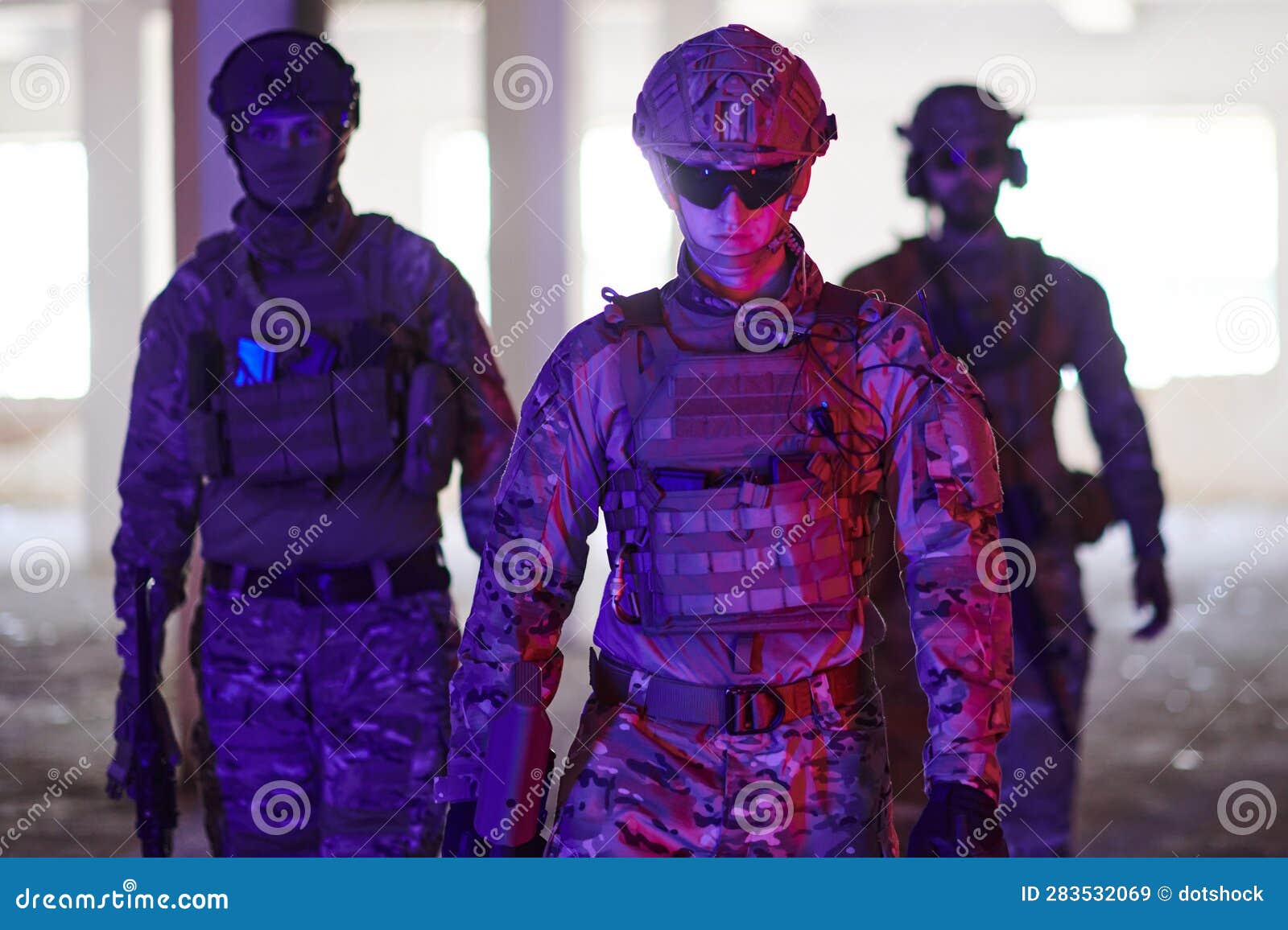 Soldier Squad Team Walking in Urban Environment Colored Lightis Stock ...