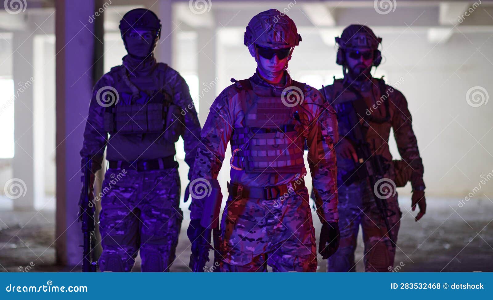 Soldier Squad Team Walking in Urban Environment Colored Lightis Stock ...