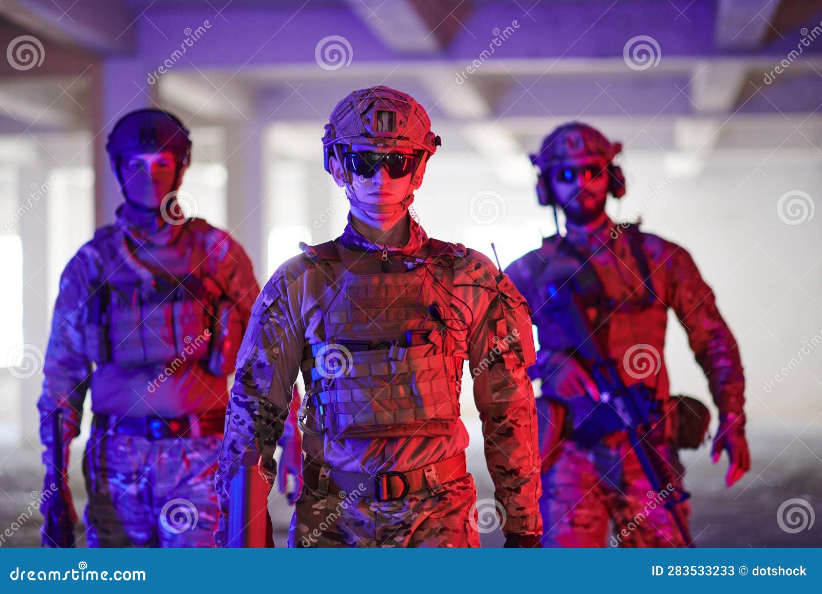 Soldier Squad Team Walking in Urban Environment Colored Lightis Stock ...