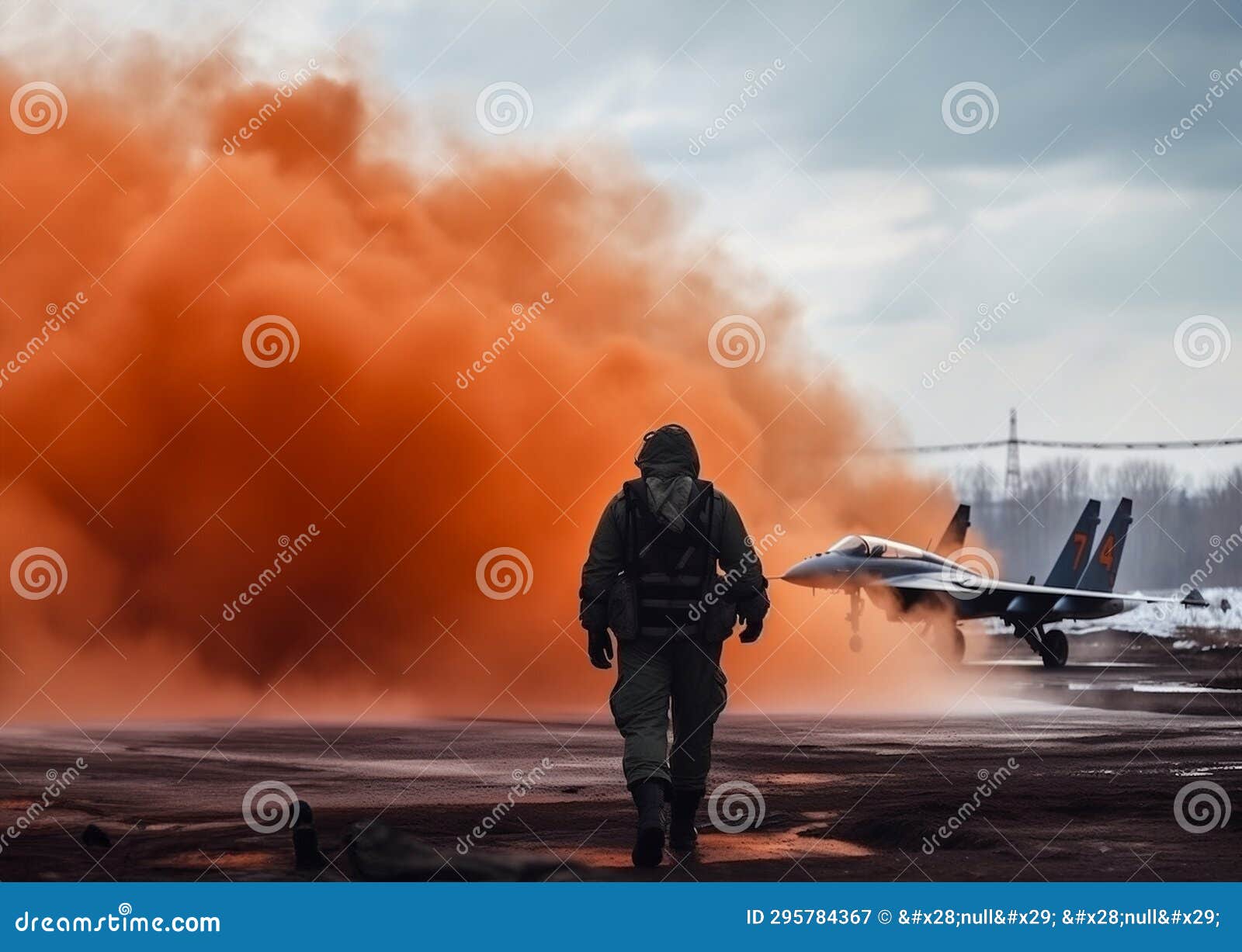 Soldier Standing Back in Combat Pose with Helicopter and Sunset Sky ...