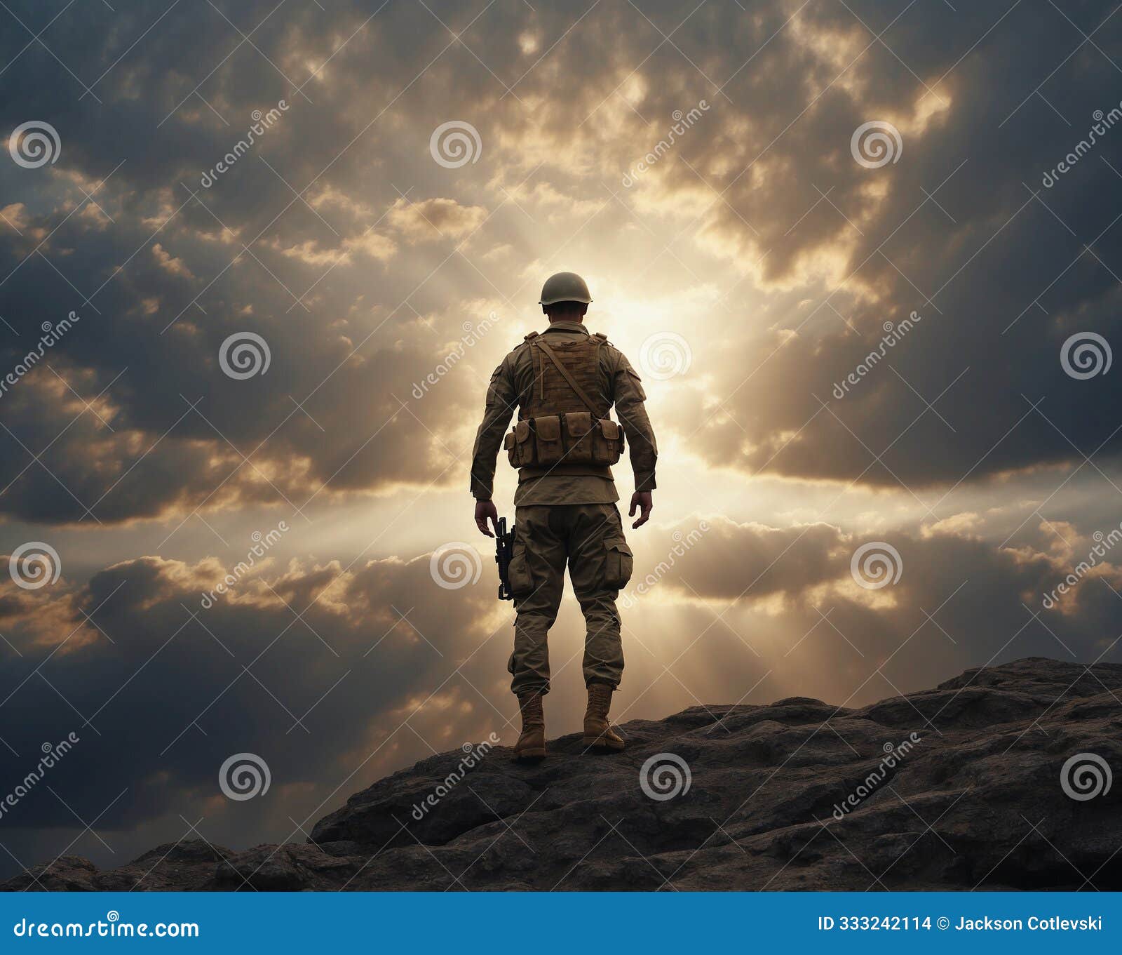 A Soldier Standing on a Mountain Watching the Sunset in a Moment of ...