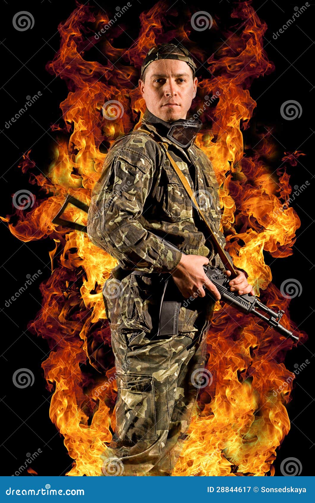 Soldier Stands with a Gun in His Hand Stock Image - Image of army, burn ...