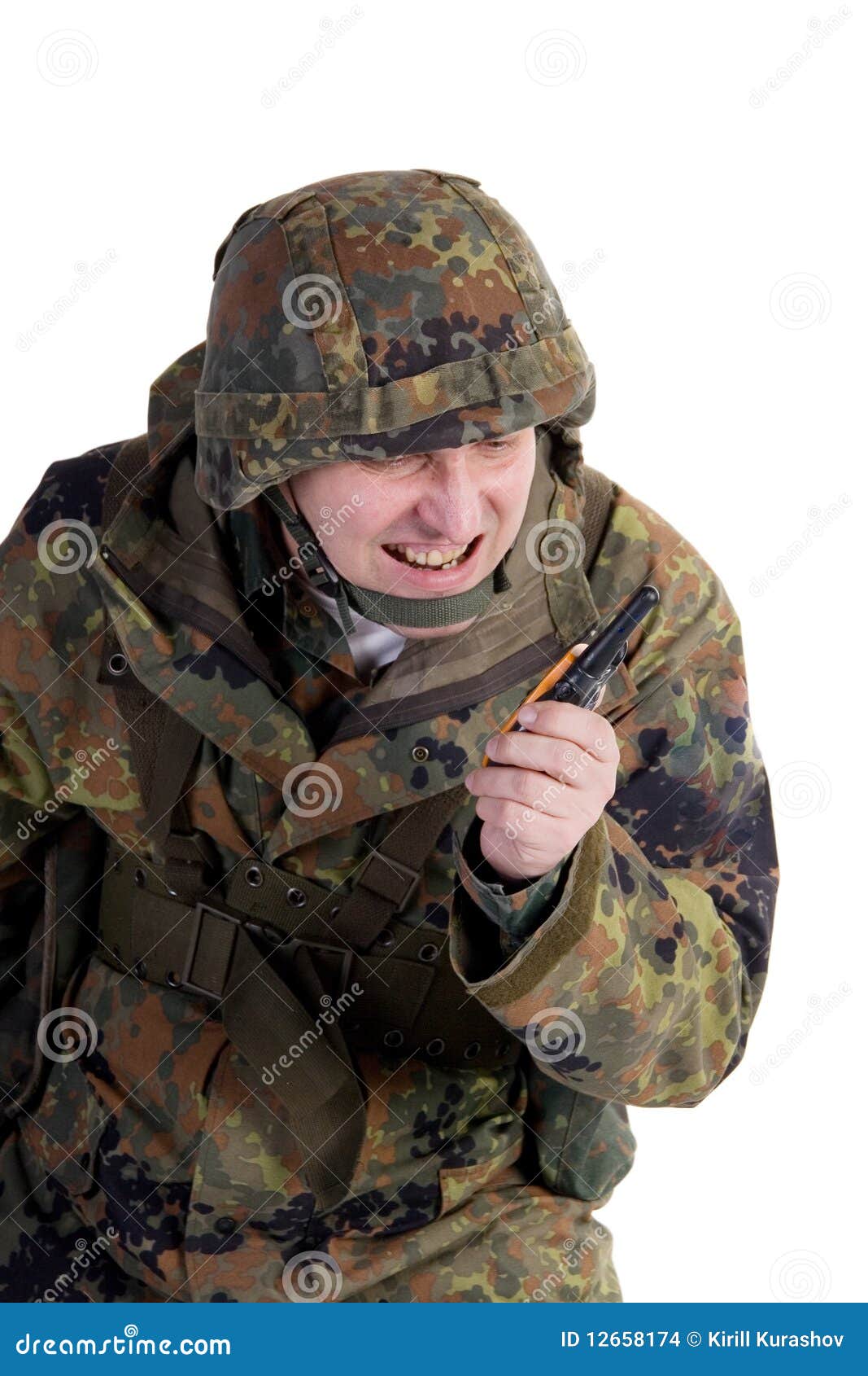 Soldier Talking by Walkie-talkie Stock Photo - Image of emotion, held ...