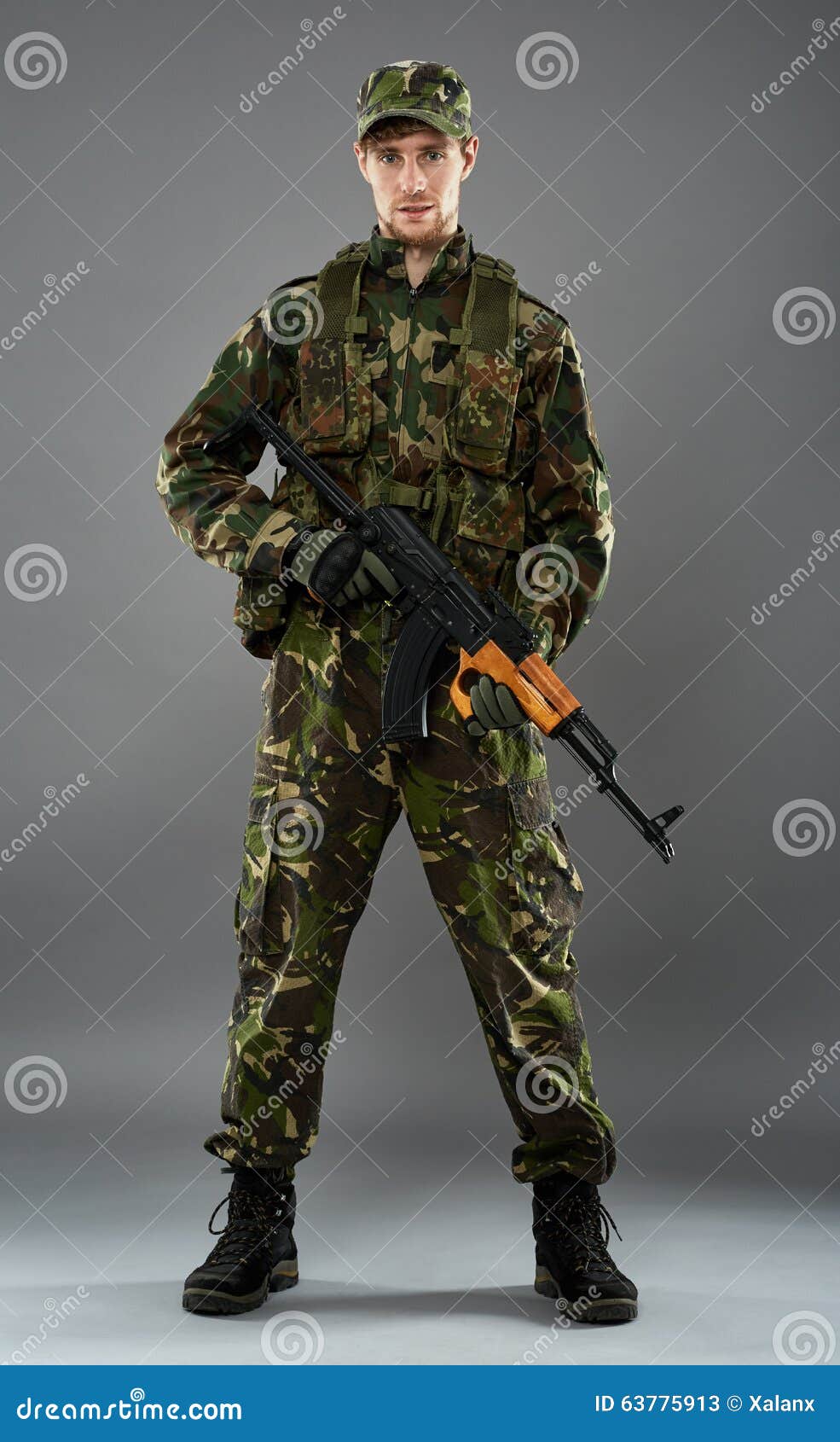 Man In Uniform With Machine Gun And Night-vision Device Move Between ...