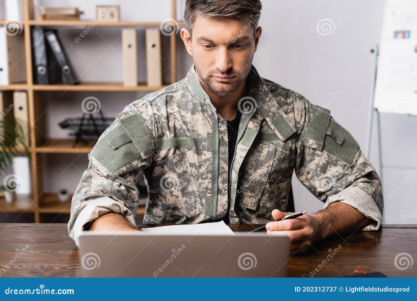 Soldier in Uniform Sitting at Desk Stock Image - Image of camouflage ...