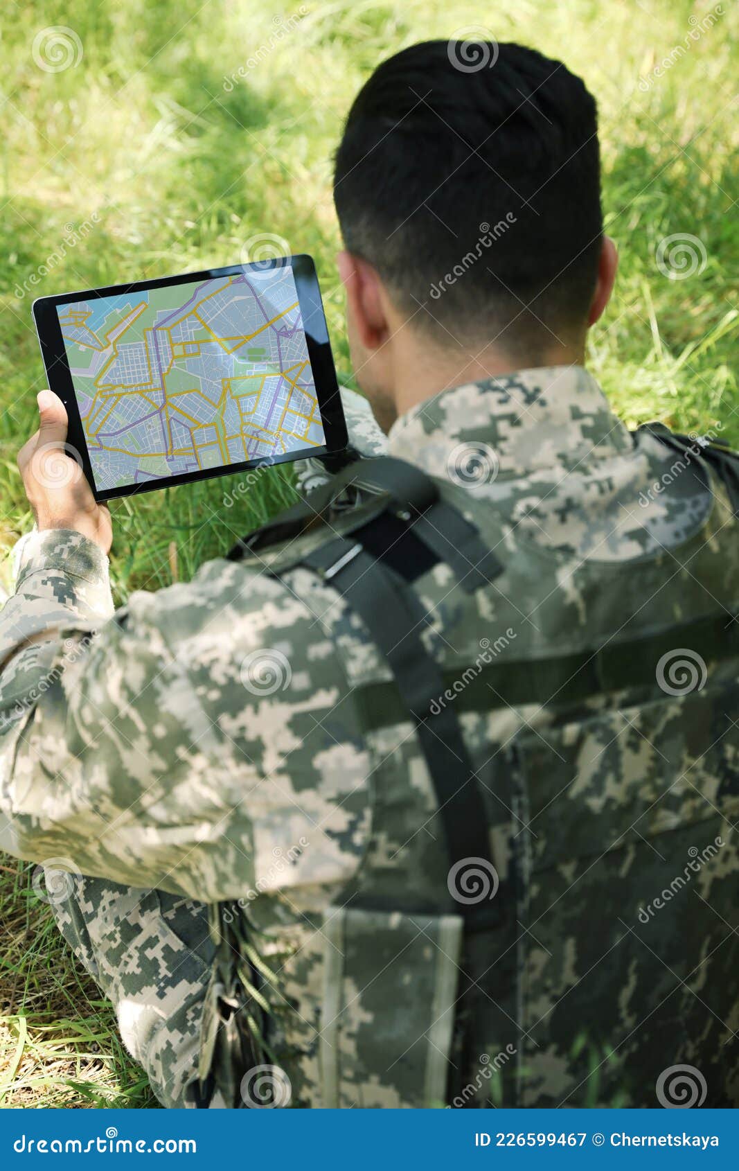 Soldier Using Tablet in Forest, Back View Stock Image - Image of ...