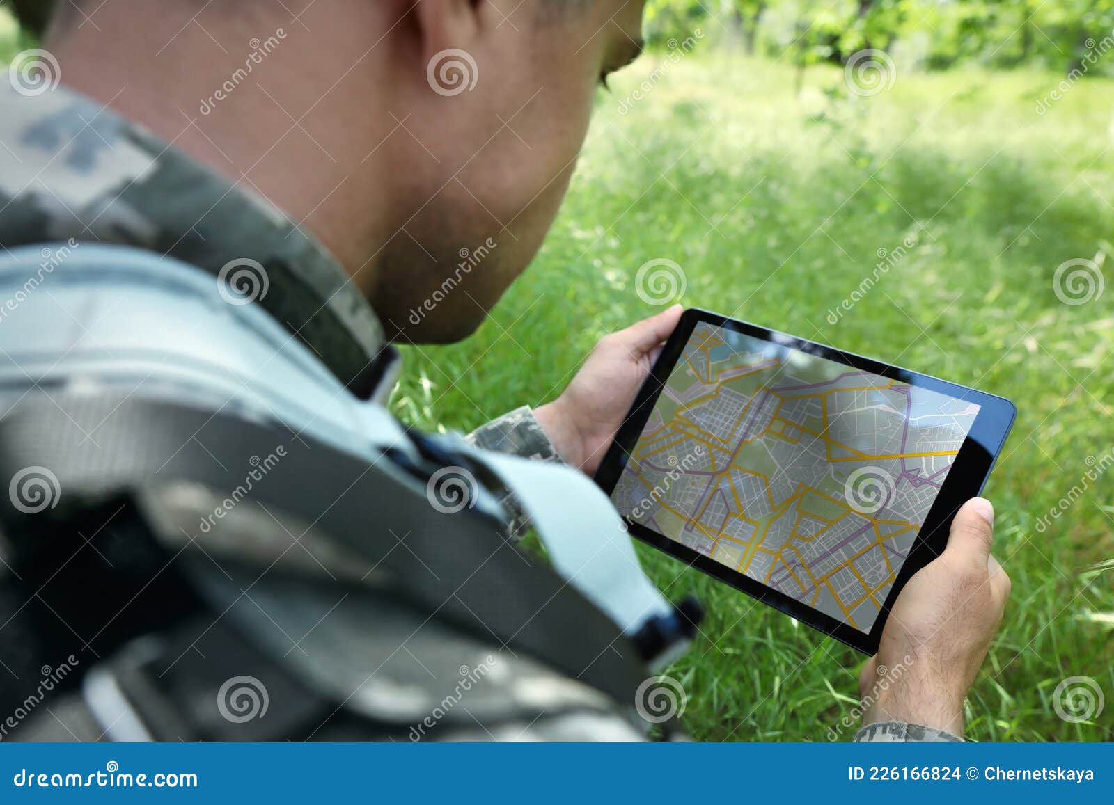 Soldier Using Tablet in Forest, Closeup Stock Photo - Image of modern ...