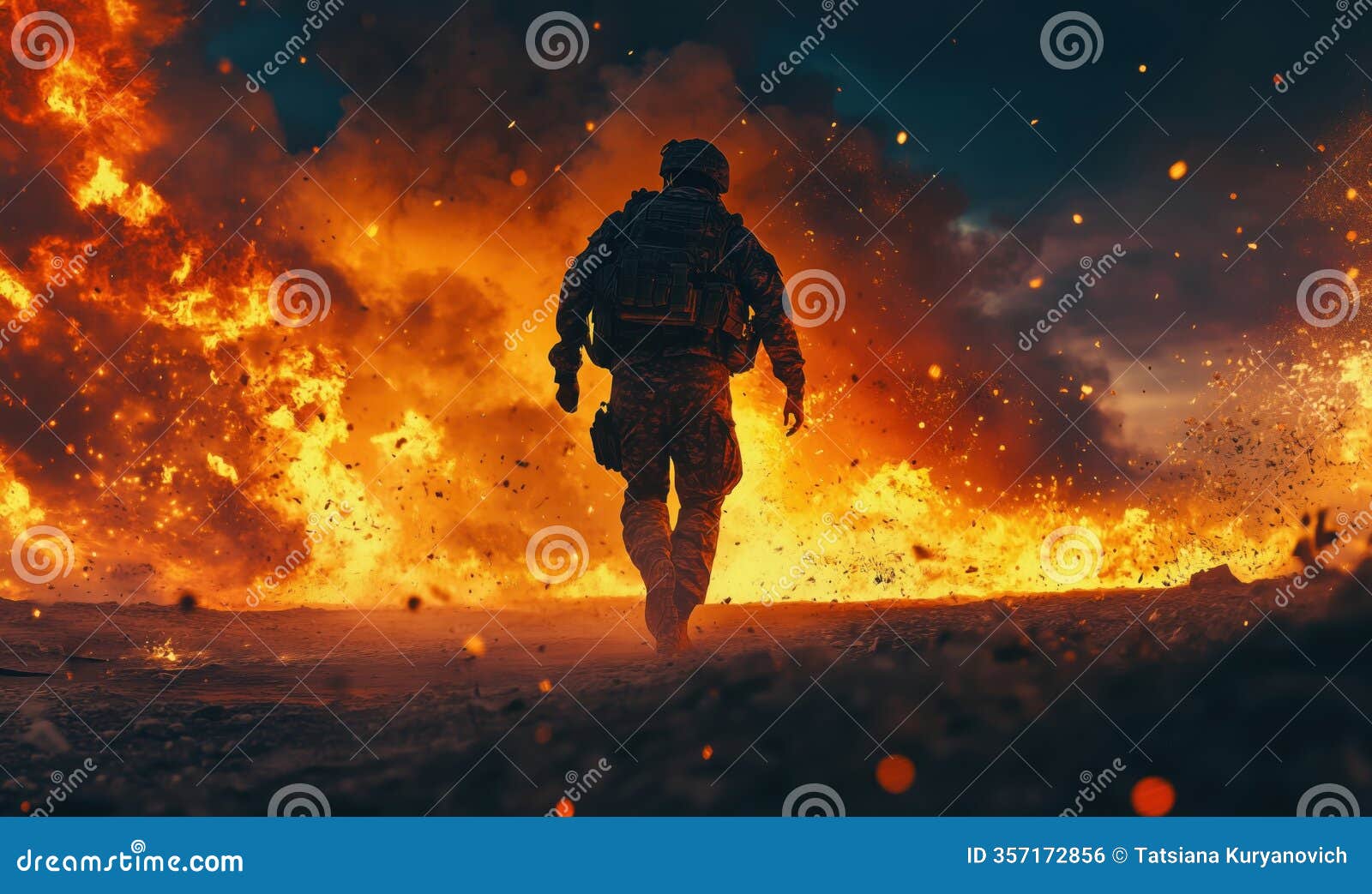 Soldier Walking through Explosion, Intense Flames and Smoke, Dramatic ...
