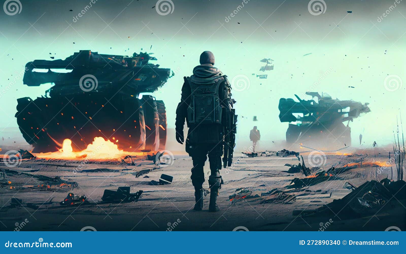 A Soldier Walks through the Battlefields. Generative AI Stock ...