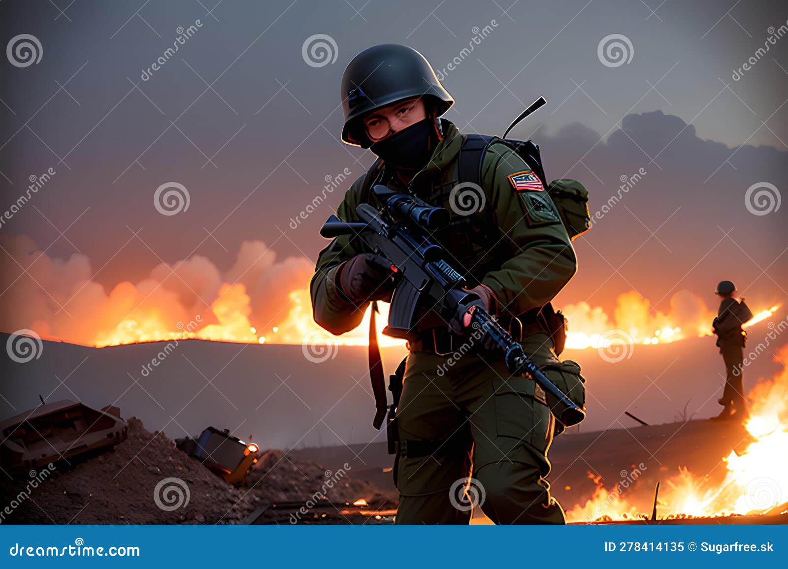 Soldier in War Zone, with Explosions and Burning Buildings Stock ...