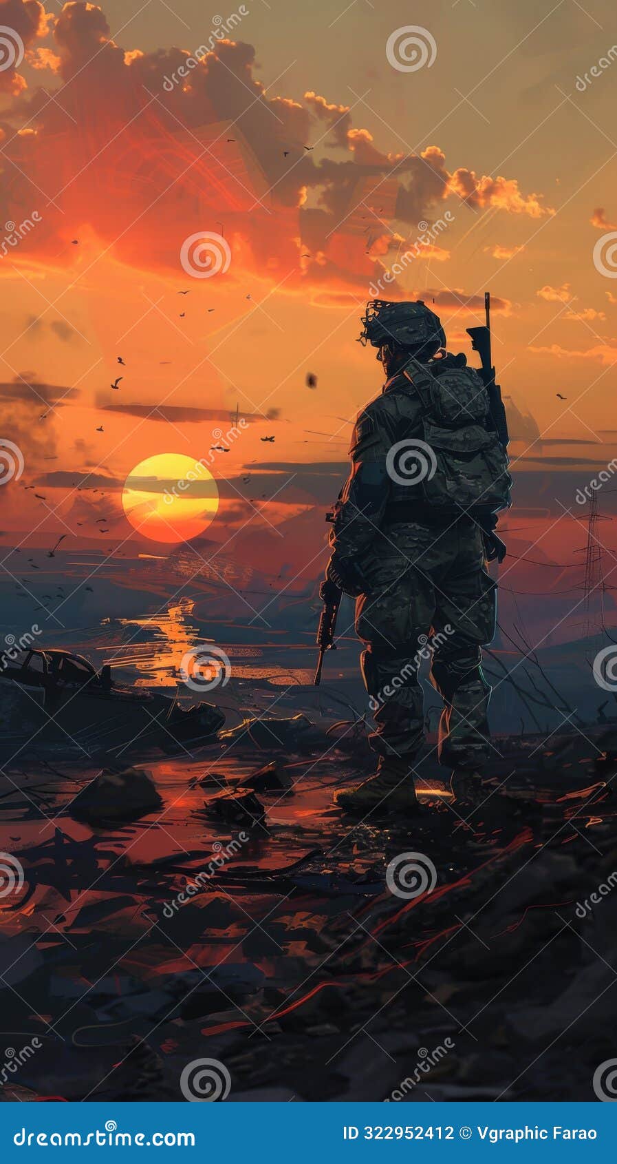Soldier Watching Sunset in Post-apocalyptic Landscape, Dramatic and ...