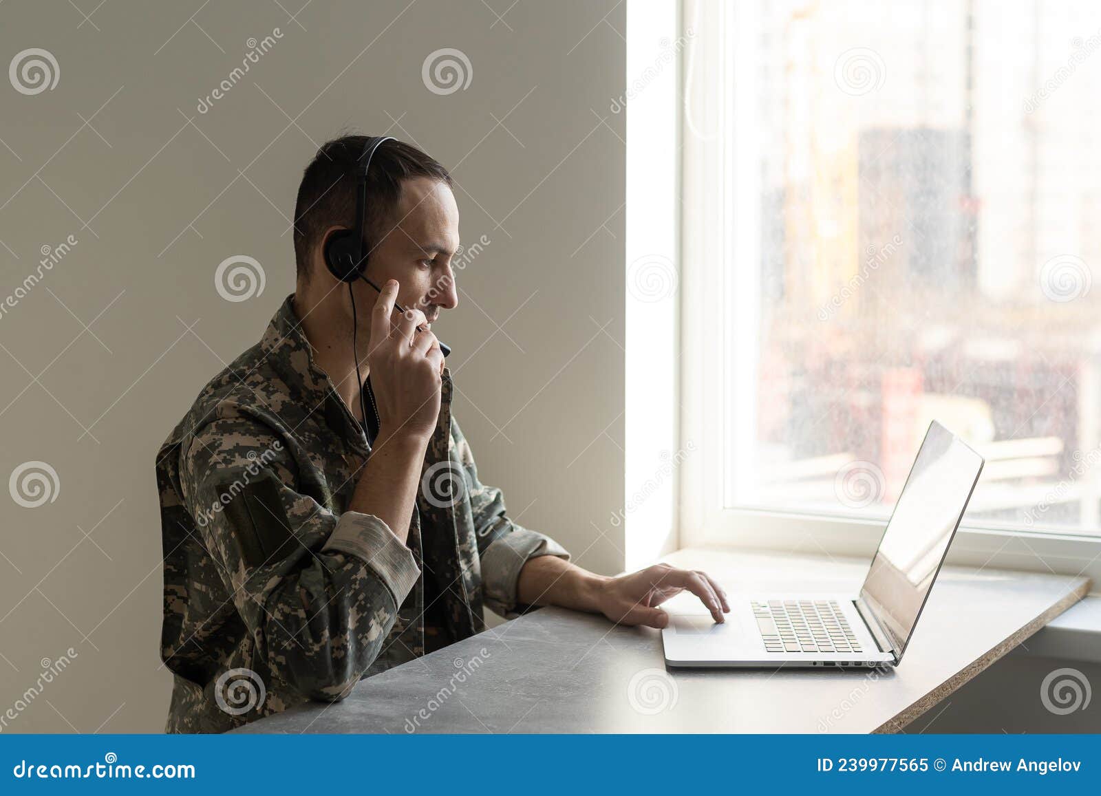 Soldier Working with Laptop in Headquarters Building Stock Image ...