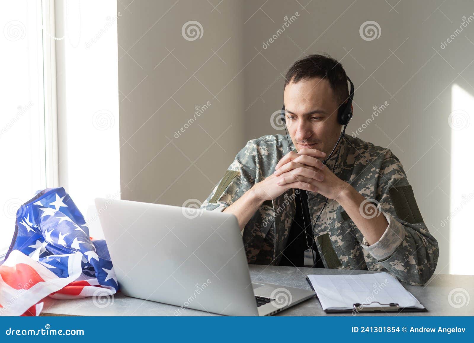 Soldier Working with Laptop in Headquarters Building Stock Photo ...