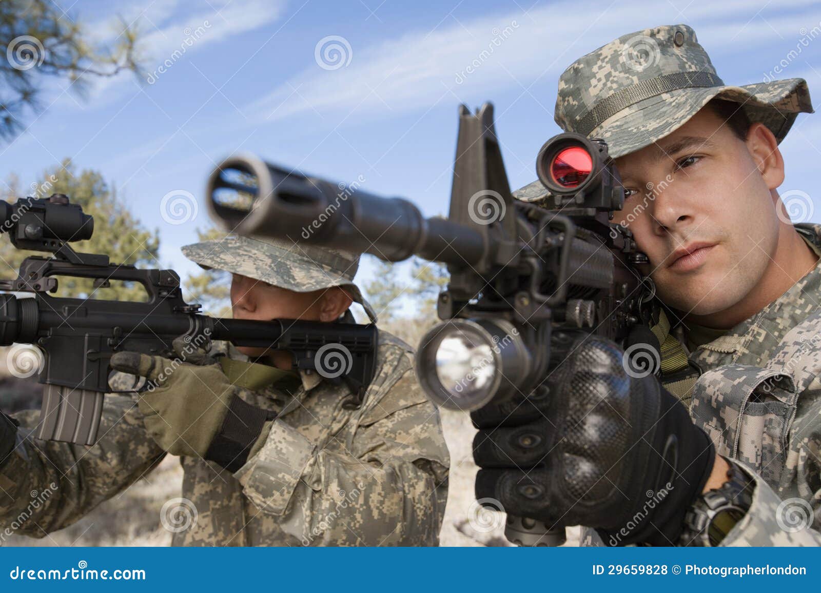 Soldiers Aiming Machine Guns Stock Photo - Image of outdoors, military ...