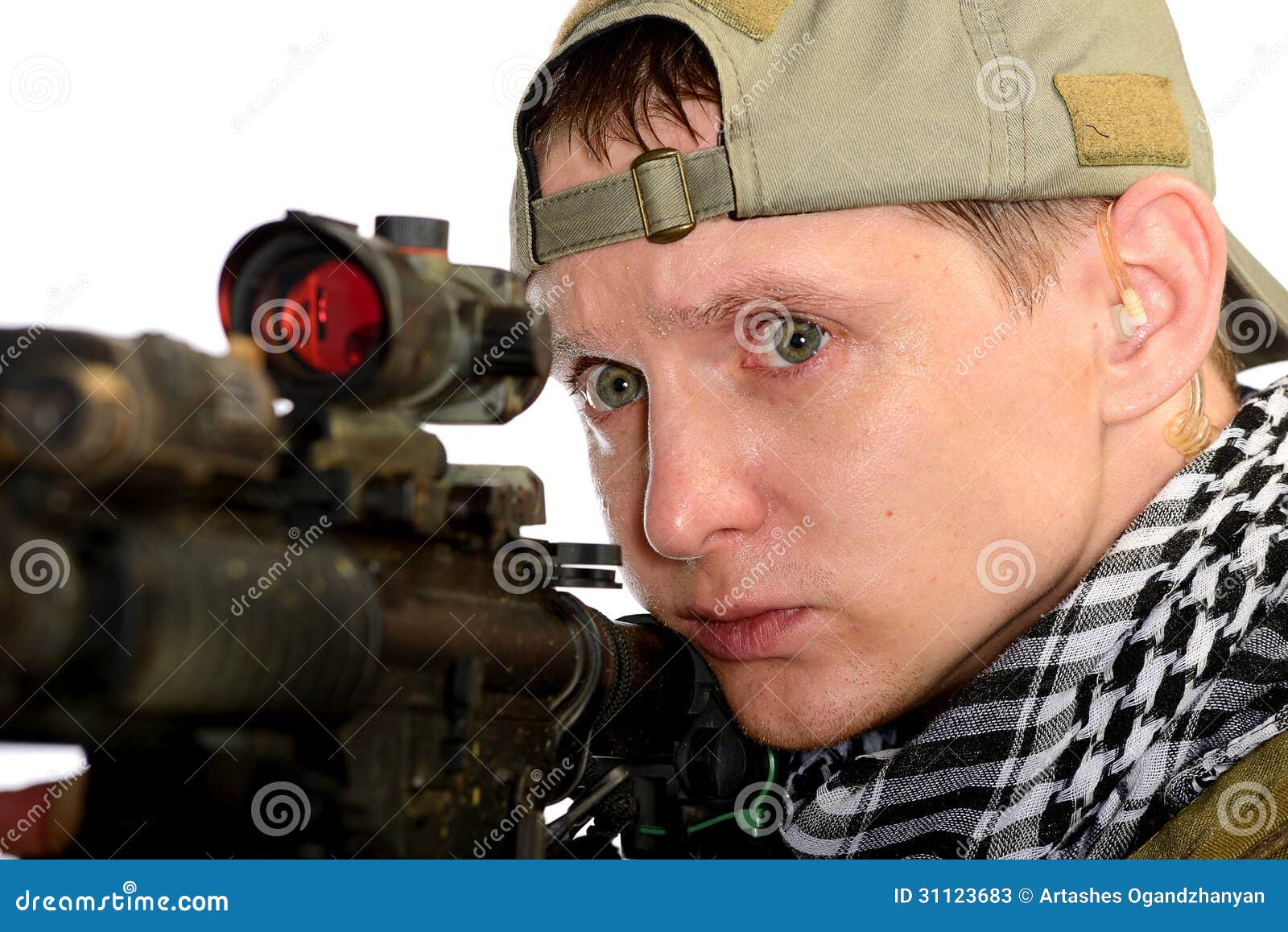 Soldiers In Cap And Scarf With A Rifle Stock Image - Image of danger ...