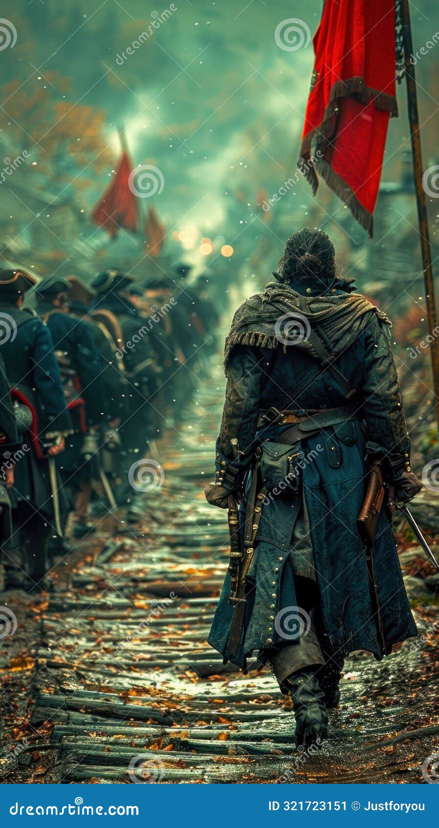 Soldiers Marching with Red Flags in Misty Forest. Generative Ai Stock ...