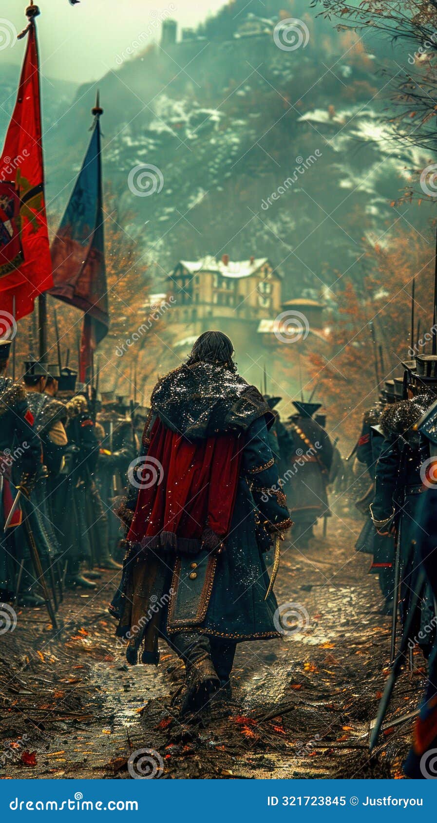 Soldiers Marching with Red Flags in Misty Forest. Generative Ai Stock ...