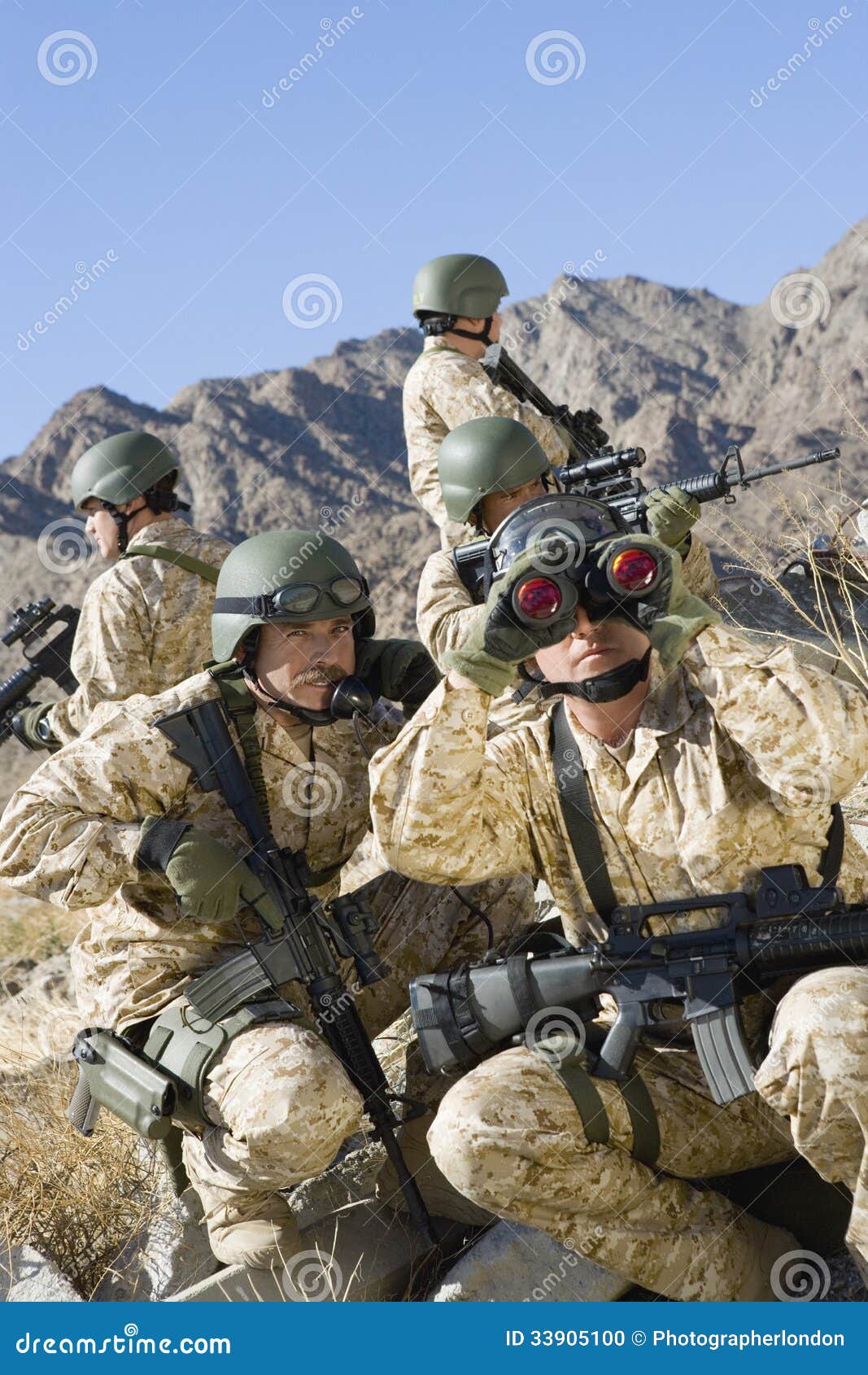 Soldiers with Rifles and Binocular Patrolling during War Stock Photo ...