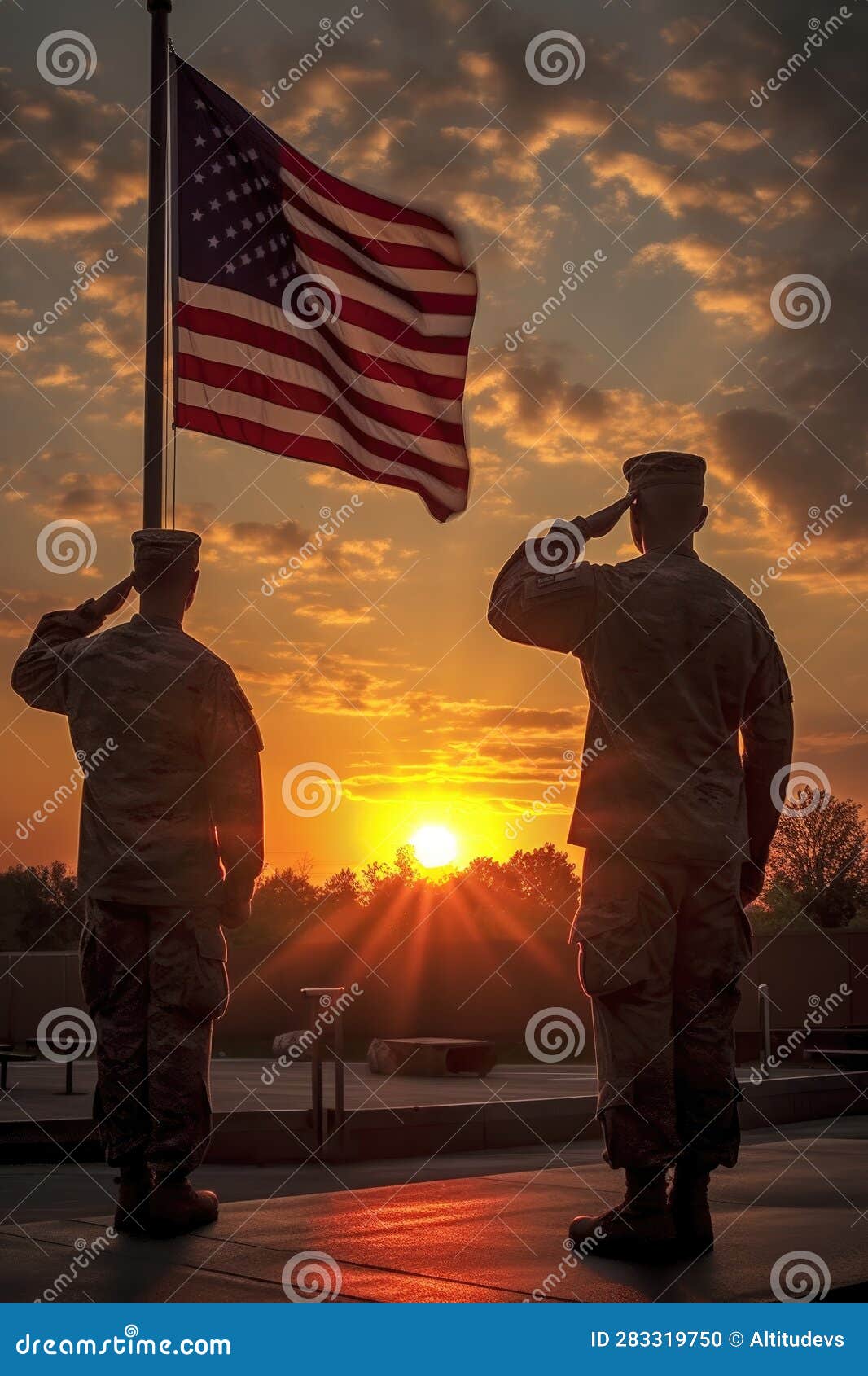 Soldiers Shadow Saluting a Flag at Sunrise Stock Illustration ...