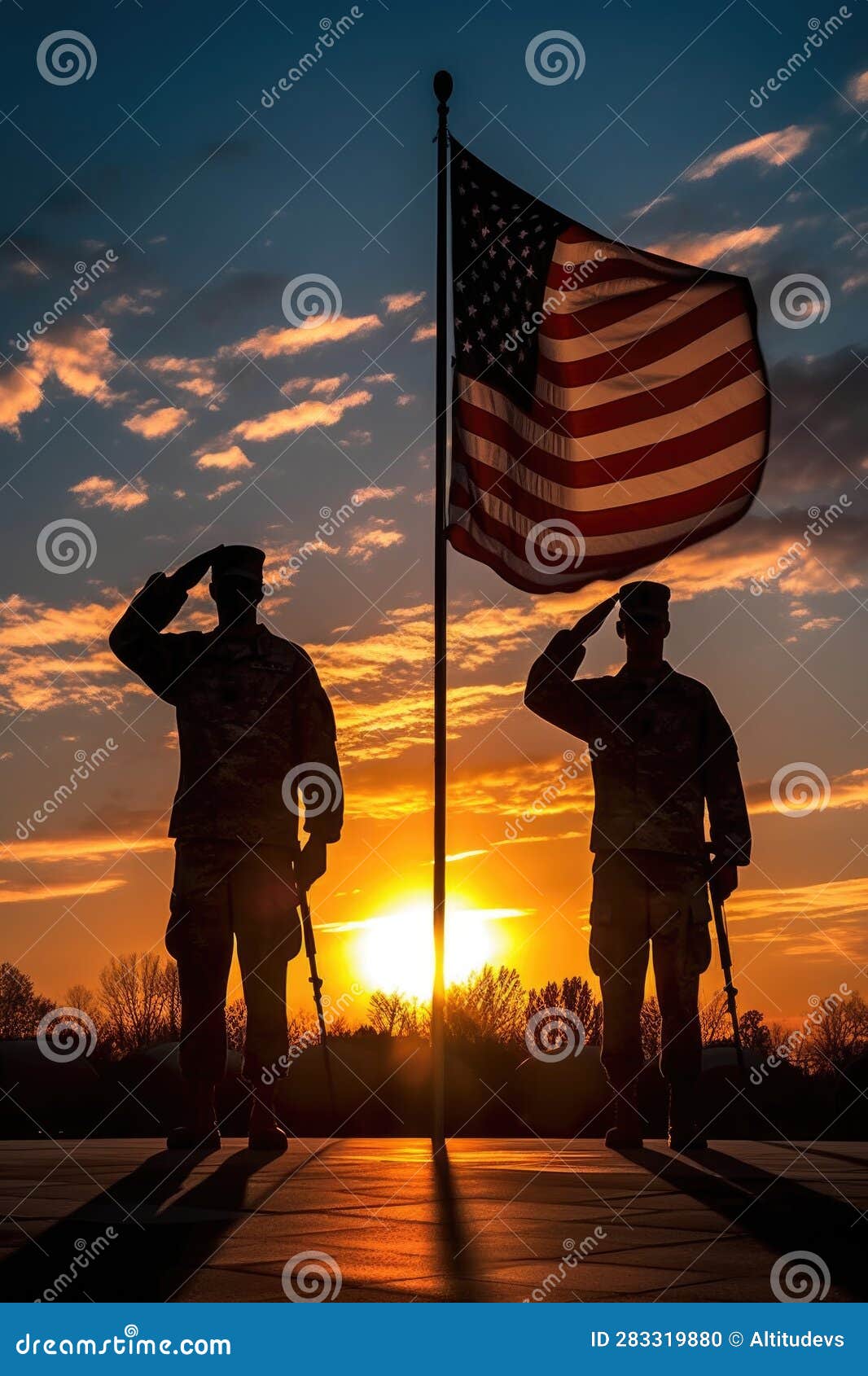 Soldiers Shadow Saluting a Flag at Sunrise Stock Illustration ...