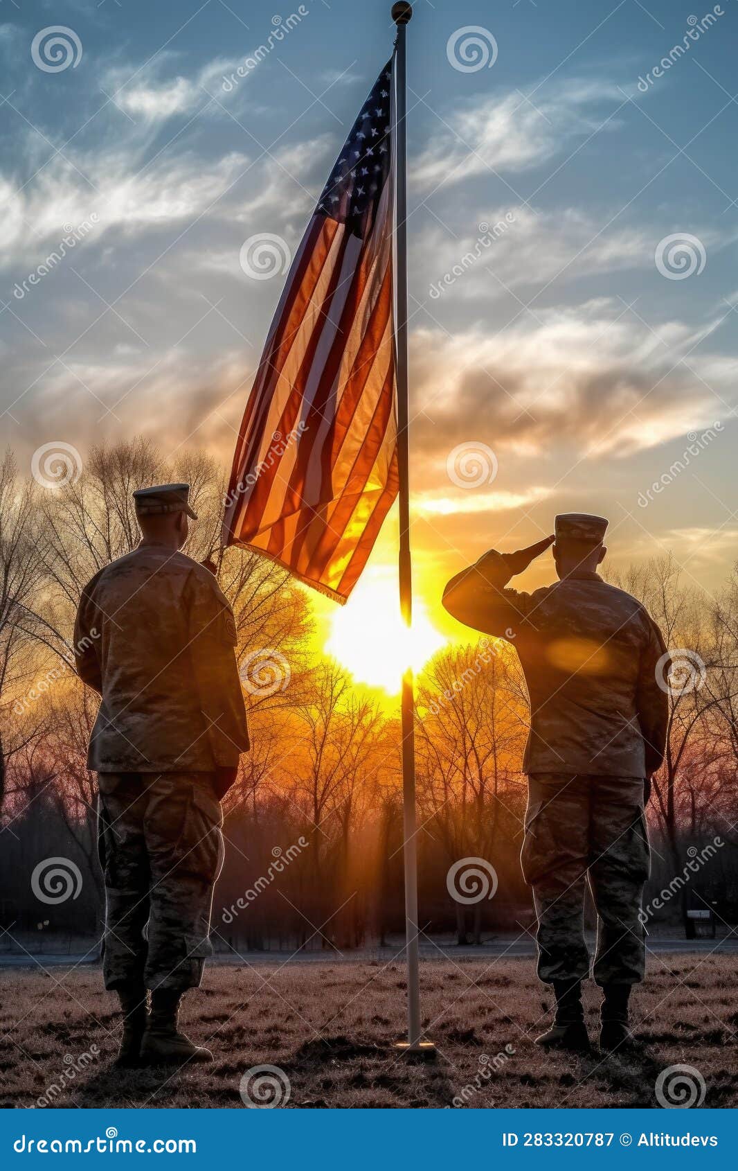 Soldiers Shadow Saluting a Flag at Sunrise Stock Illustration ...