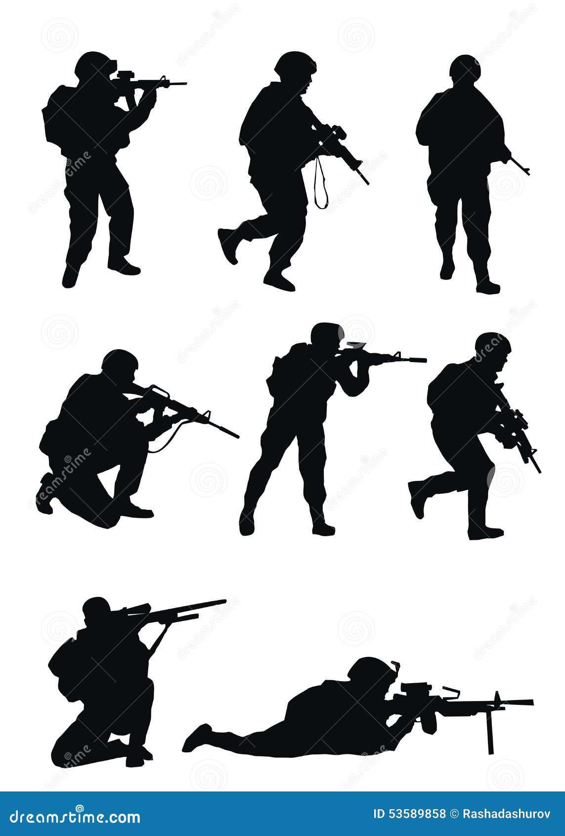 Silhouette Soldier Shooting With Gun In Sunset Background. War ...