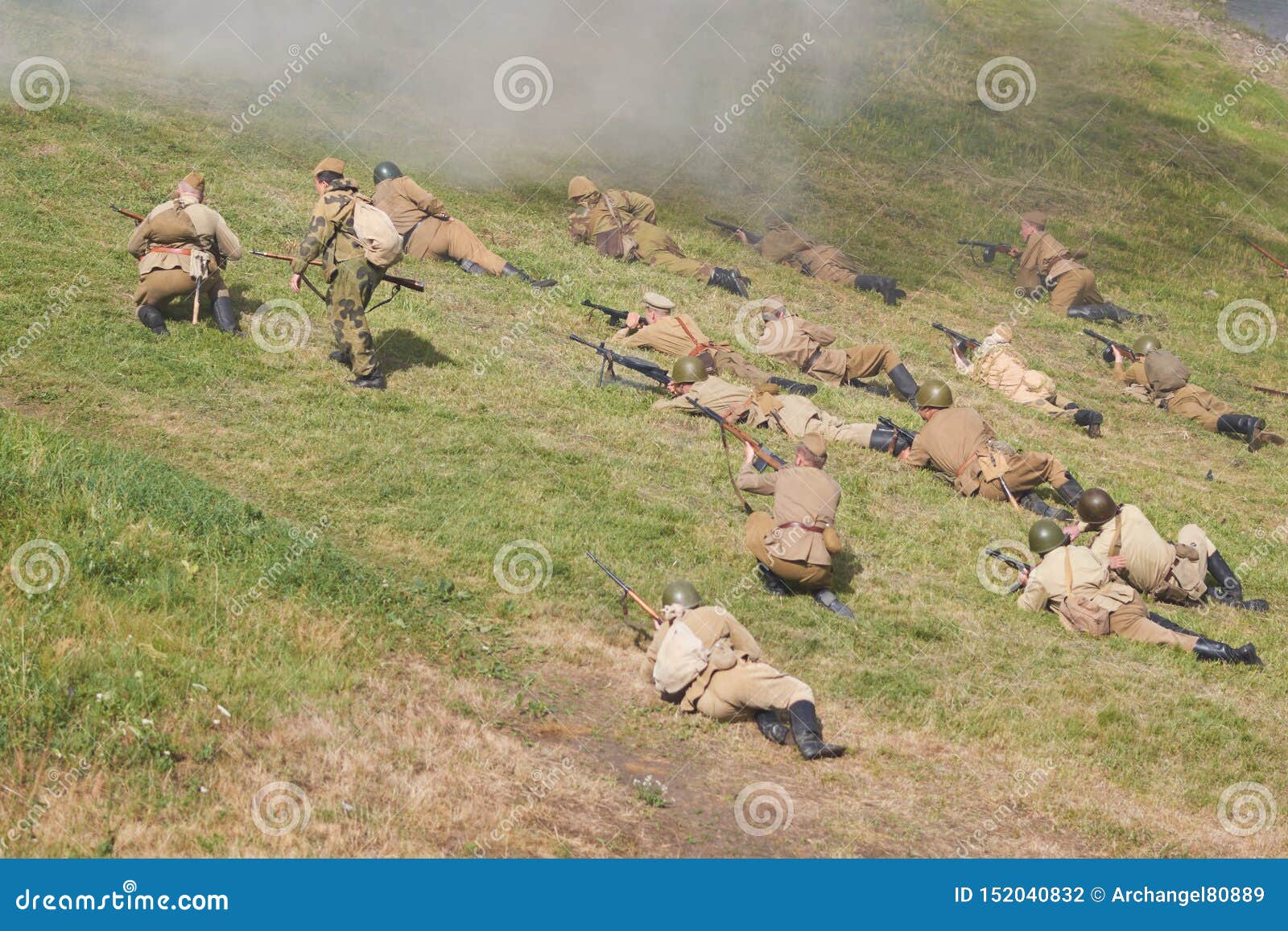 Soldiers in Soviet Uniforms on the Battlefield, in Smoke, Attack ...