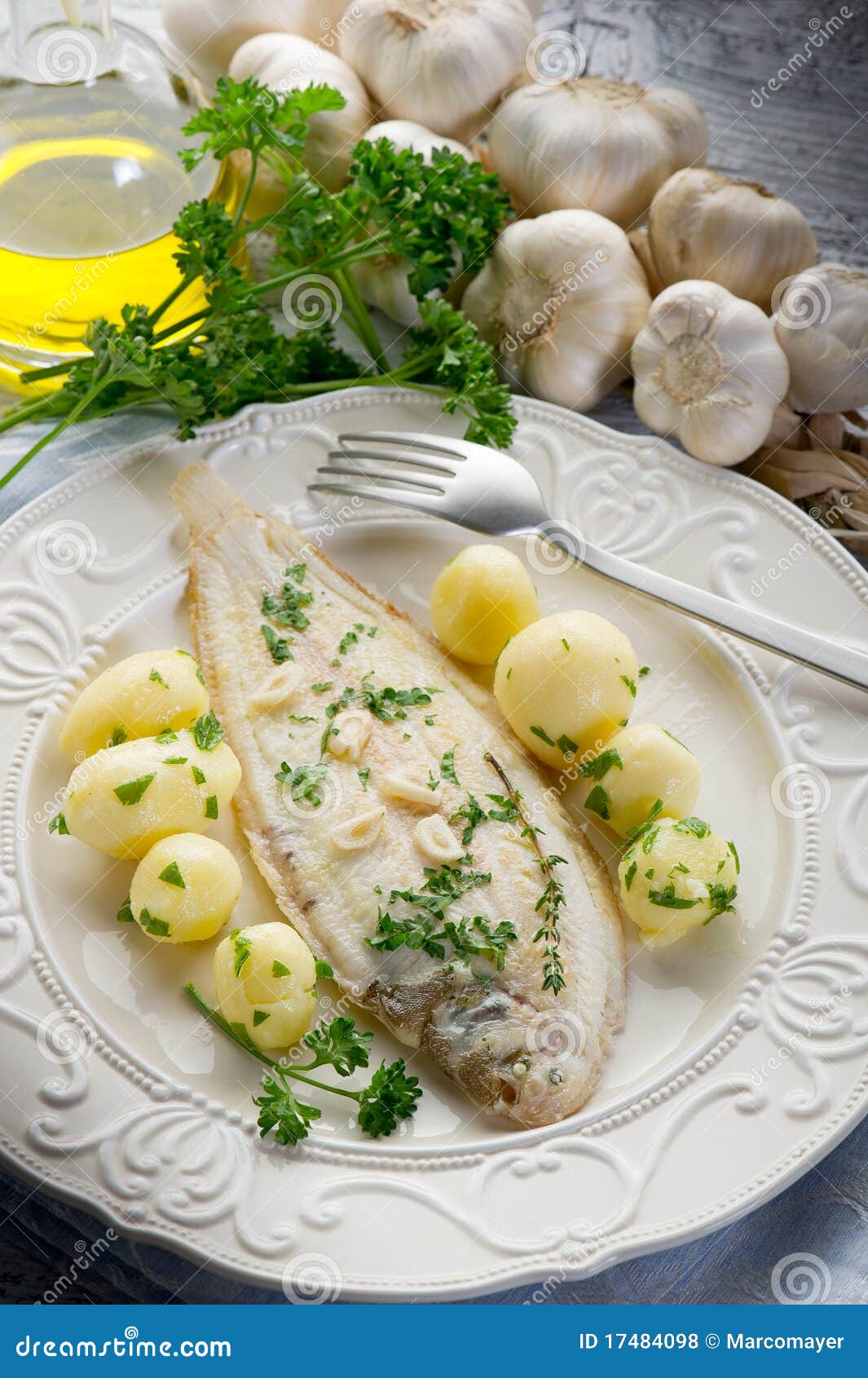 Sole fish with potatoes stock photo. Image of fish, glass - 17484098