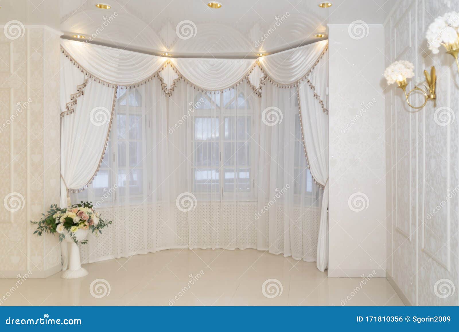 A Solemn Hall with Old Rounded Windows and Elegant Interior in Soft ...