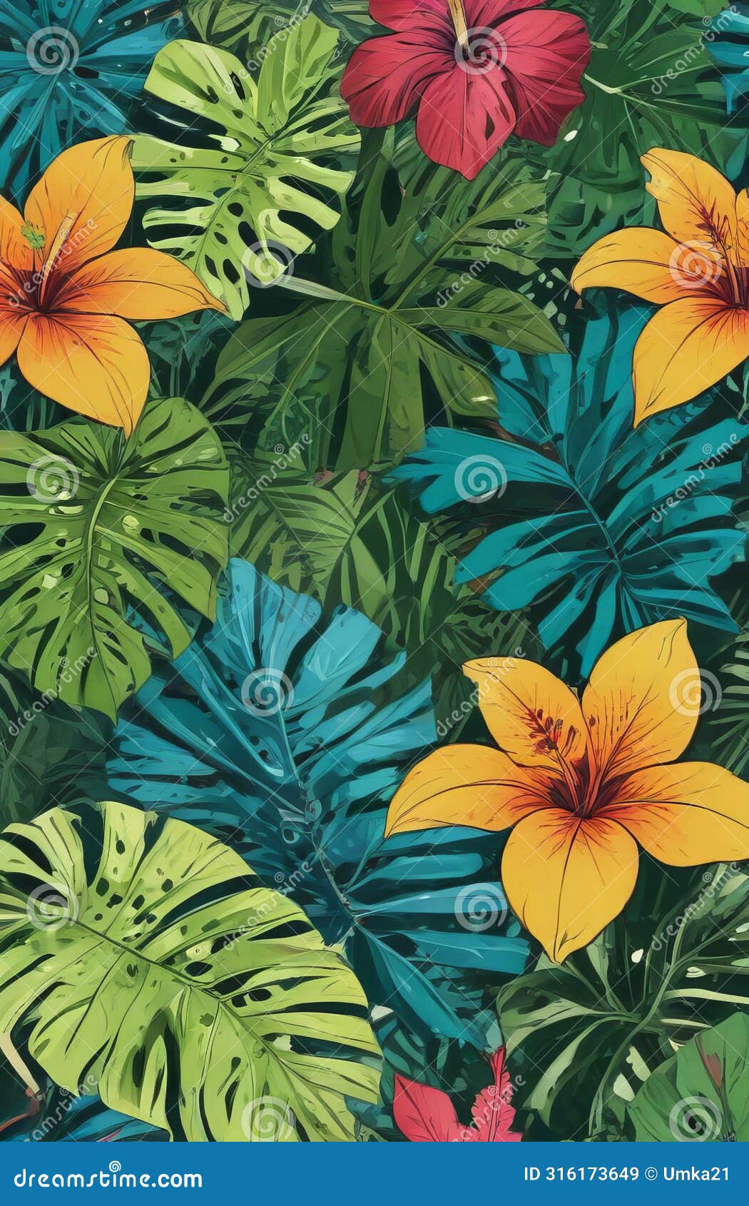 Solid Background of Vibrant Tropical Leaves and Flowers Stock Image ...