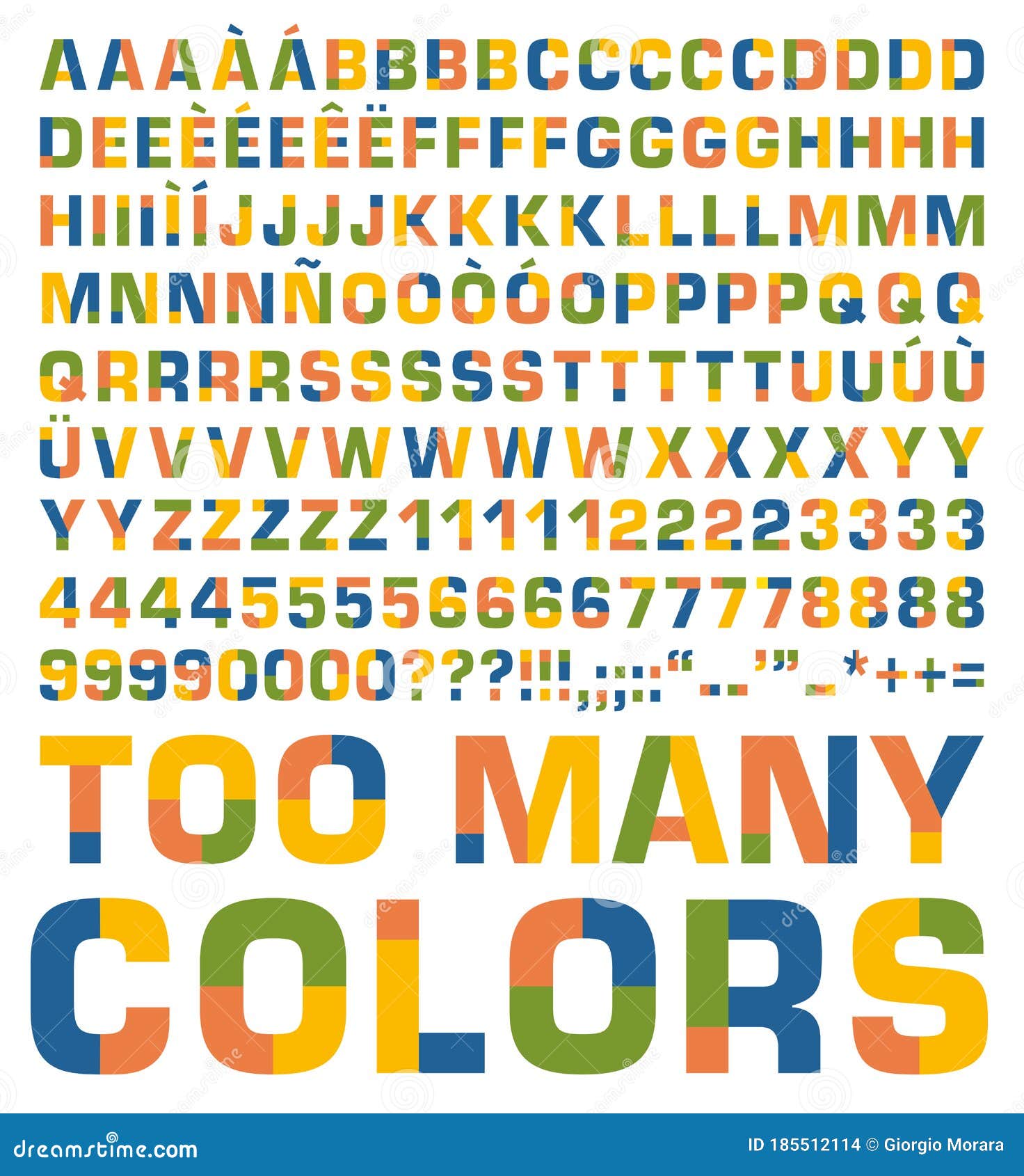 Too Many Color Alphabet Vector Typeset Stock Vector - Illustration of ...