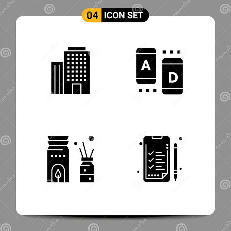 Solid Glyph Pack of 4 Universal Symbols of Building, Relax, Ad, Tablet ...