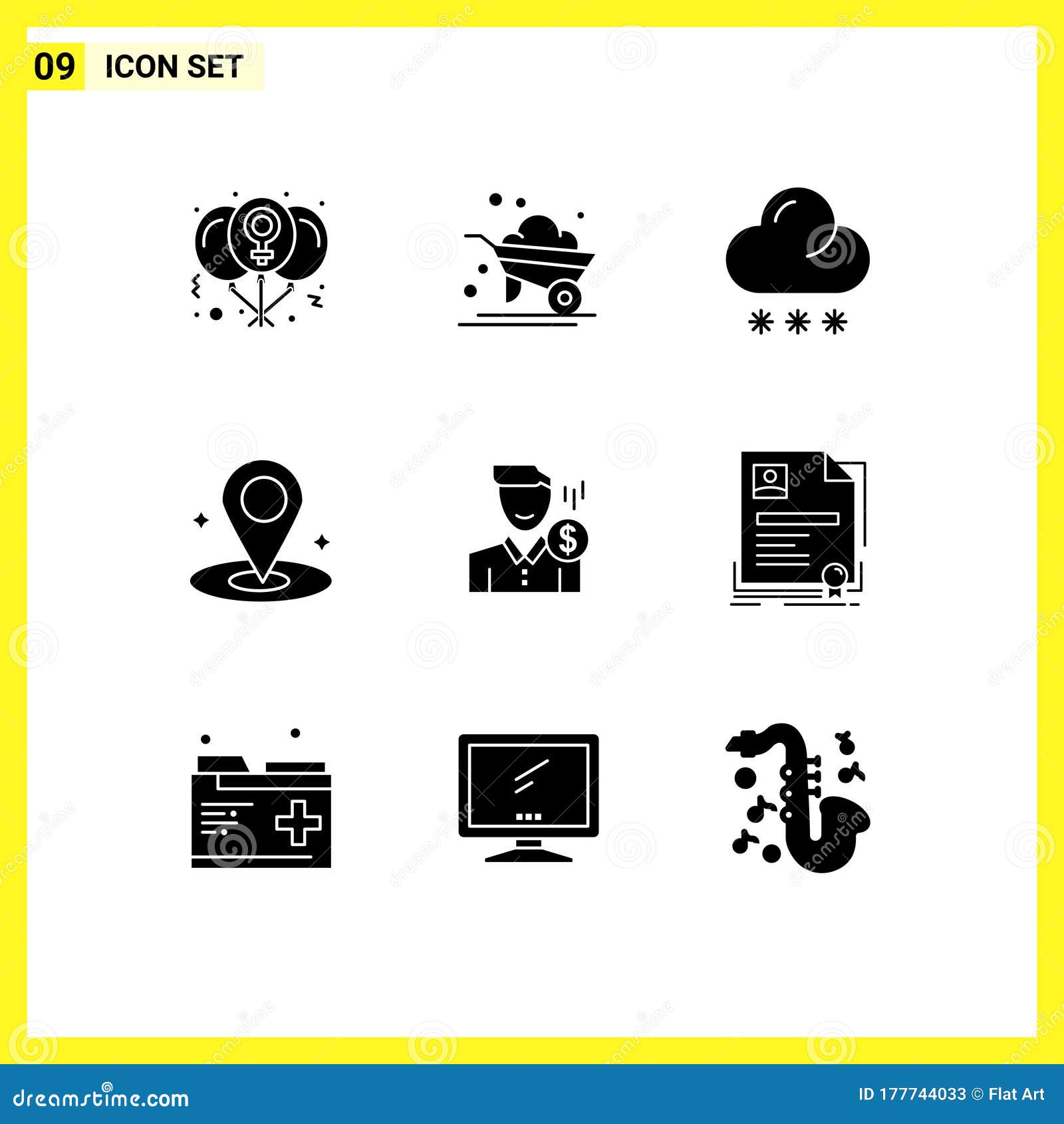 Solid Glyph Pack of 9 Universal Symbols of Fee, Place, Wheelbarrow ...