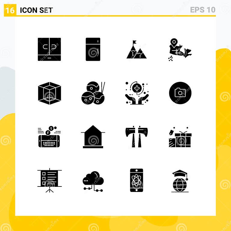 Solid Glyph Pack of 16 Universal Symbols of Map, Peak, Household ...