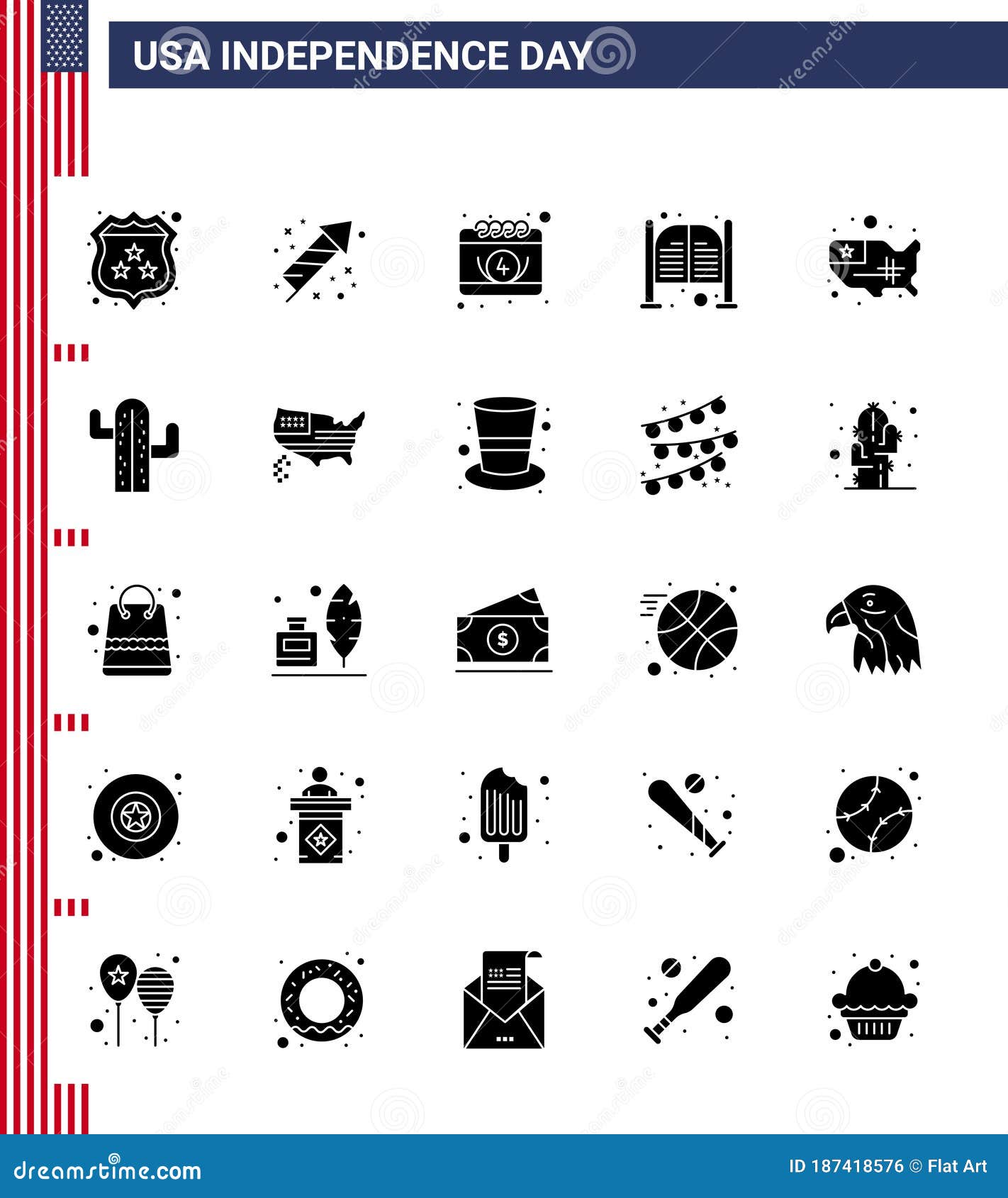 Solid Glyph Pack of 25 USA Independence Day Symbols of Map; Day ...