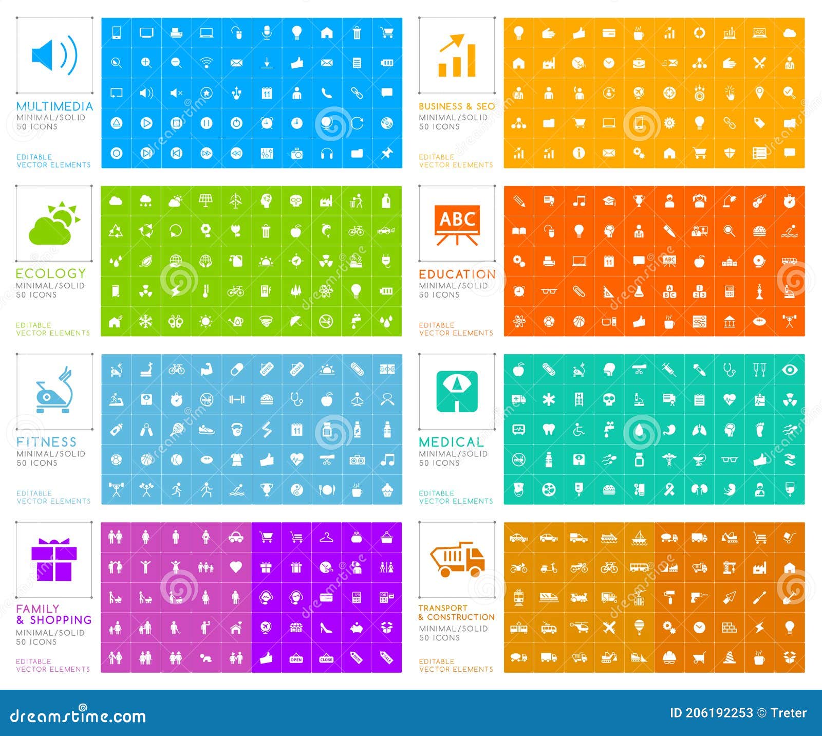 Set of 400 Universal Solid Icons on Color Background . Isolated Vector ...