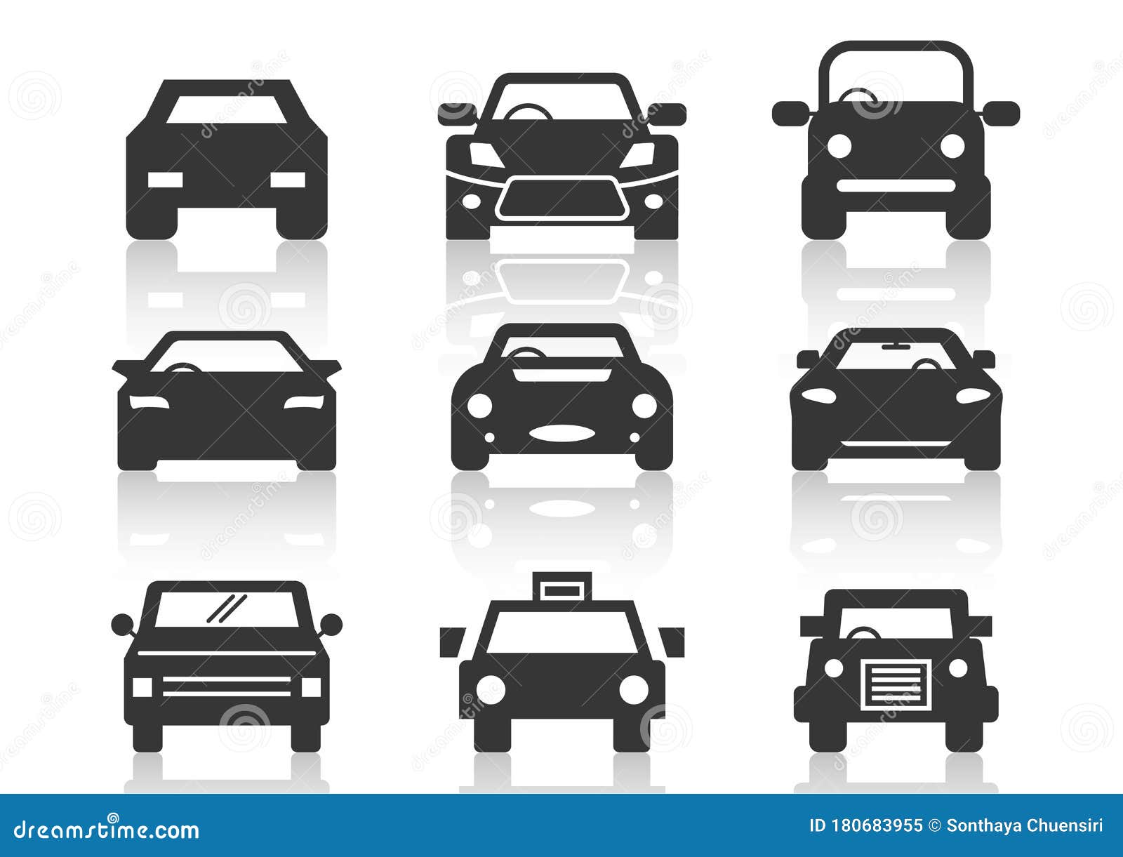 Solid Icons Set, Transportation, Black Car Front and Shadow, Vector ...