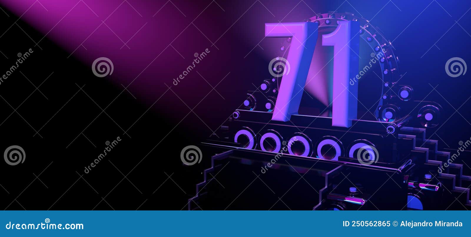 Solid Number 71 on a Reflective Black Stage Illuminated with Blue and ...